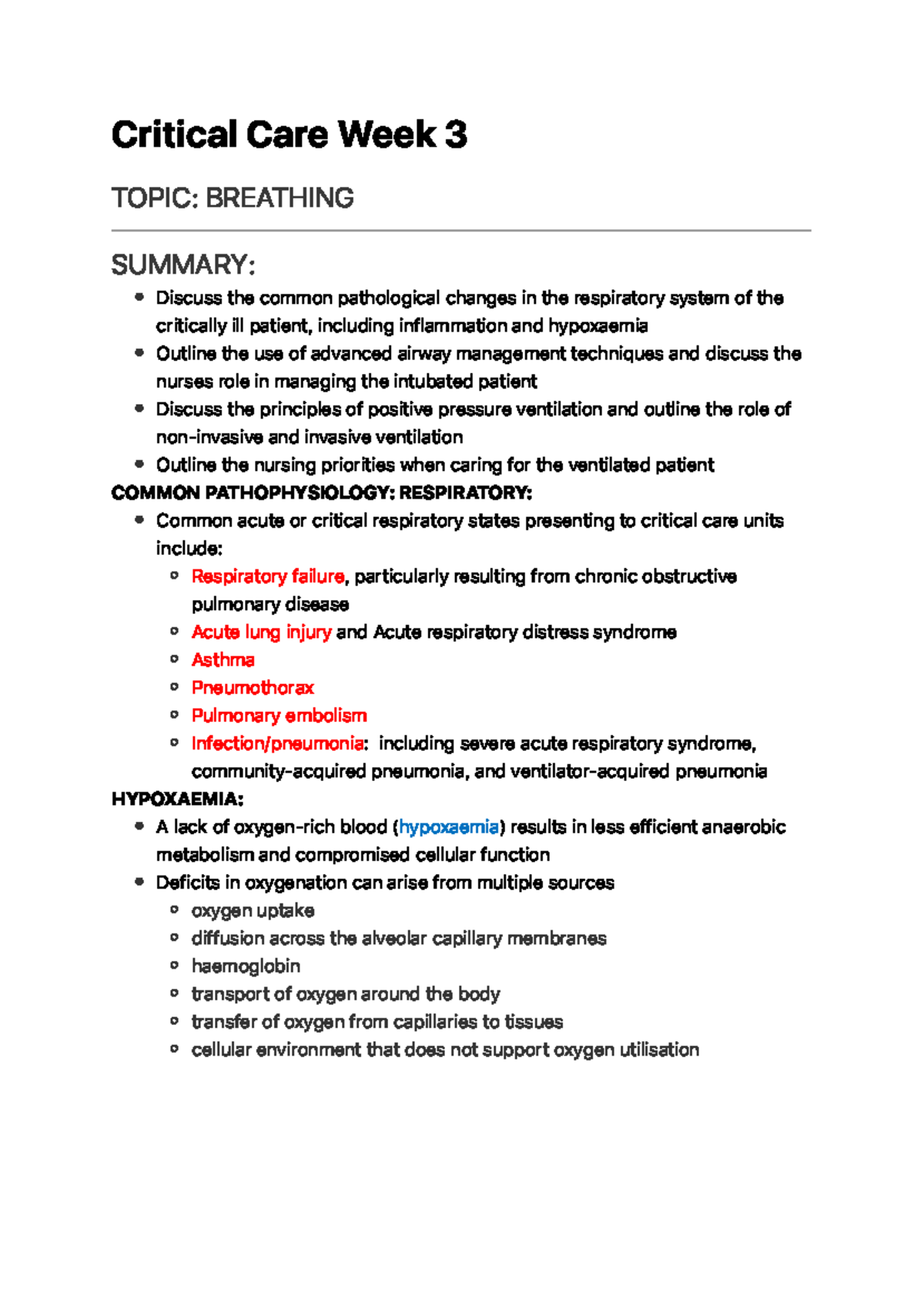 Critical Care Week 3 - Breathing - Critical Care Week 3 TOPIC ...