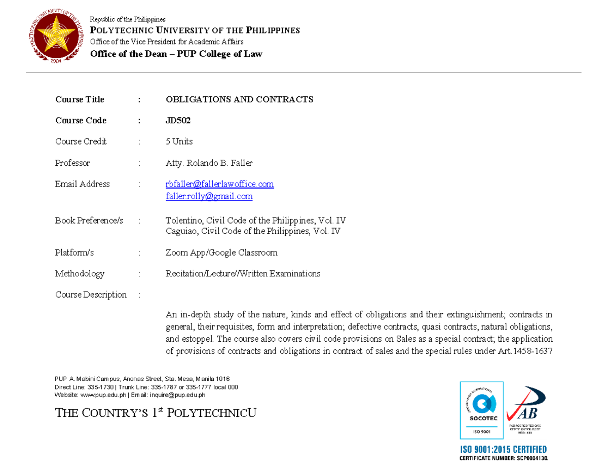 Obligation and Contracts Syllabus - Republic of the Philippines ...