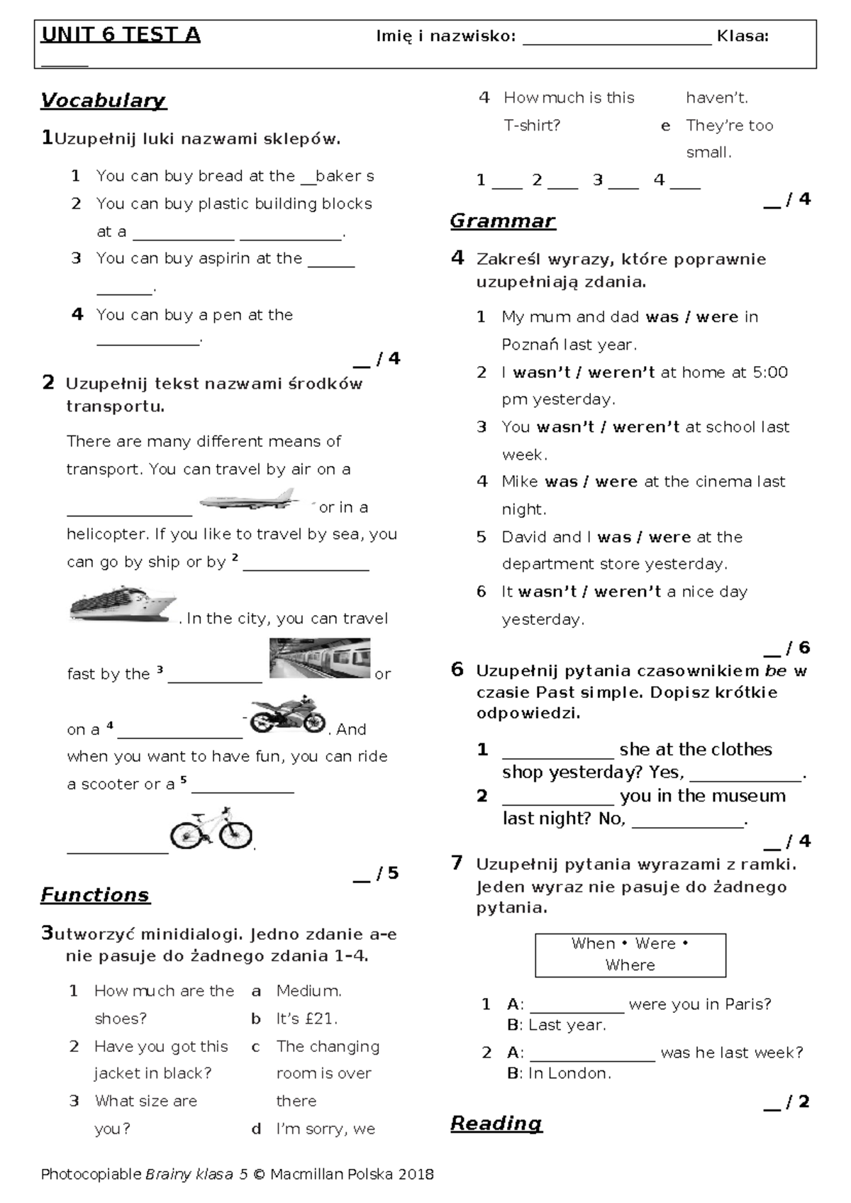 Brainy kl5 Unit Test 6 A - pjhhh - UNIT 6 TEST A Imię i nazwisko