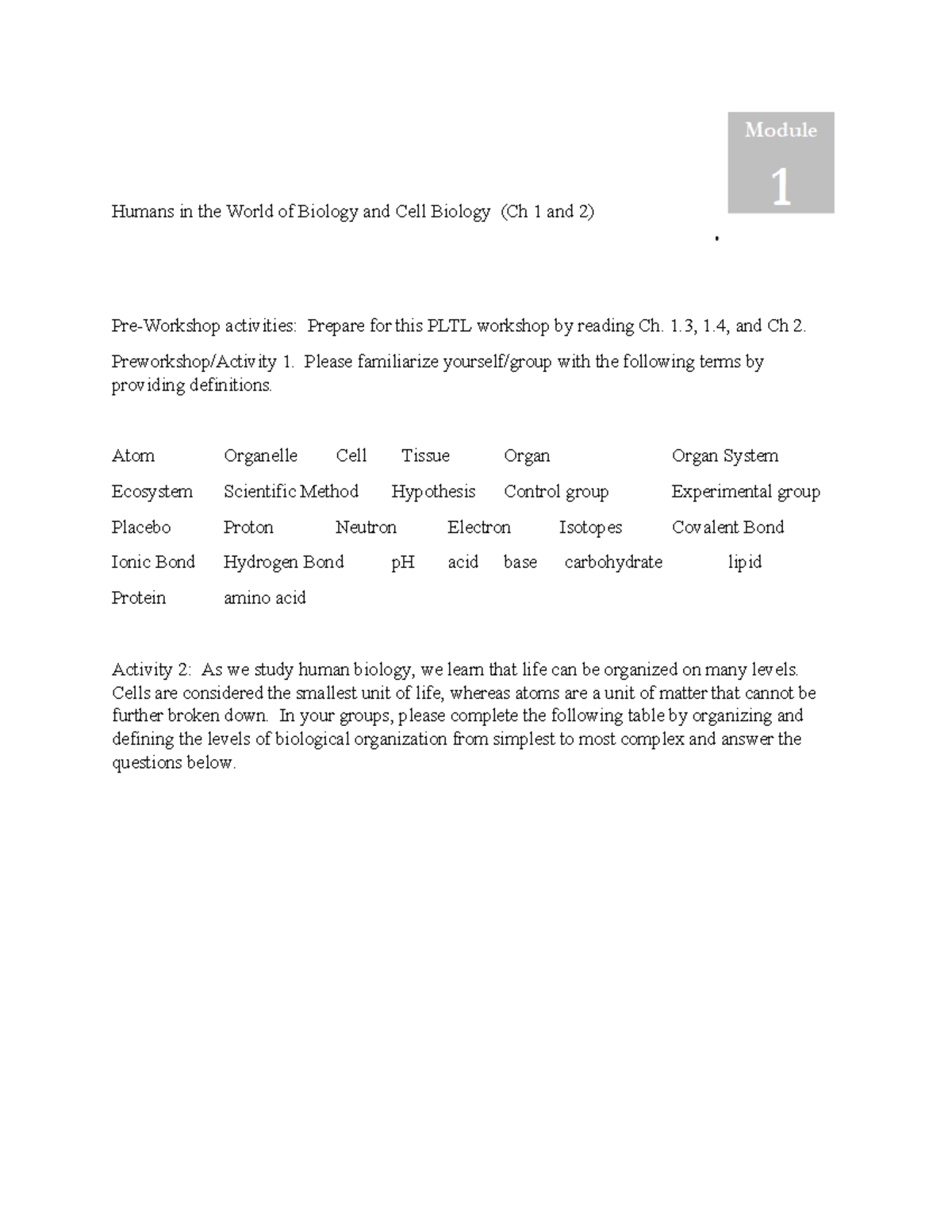 BLANK PLTL Module 1 - Humans in the World of Biology and Cell Biology ...