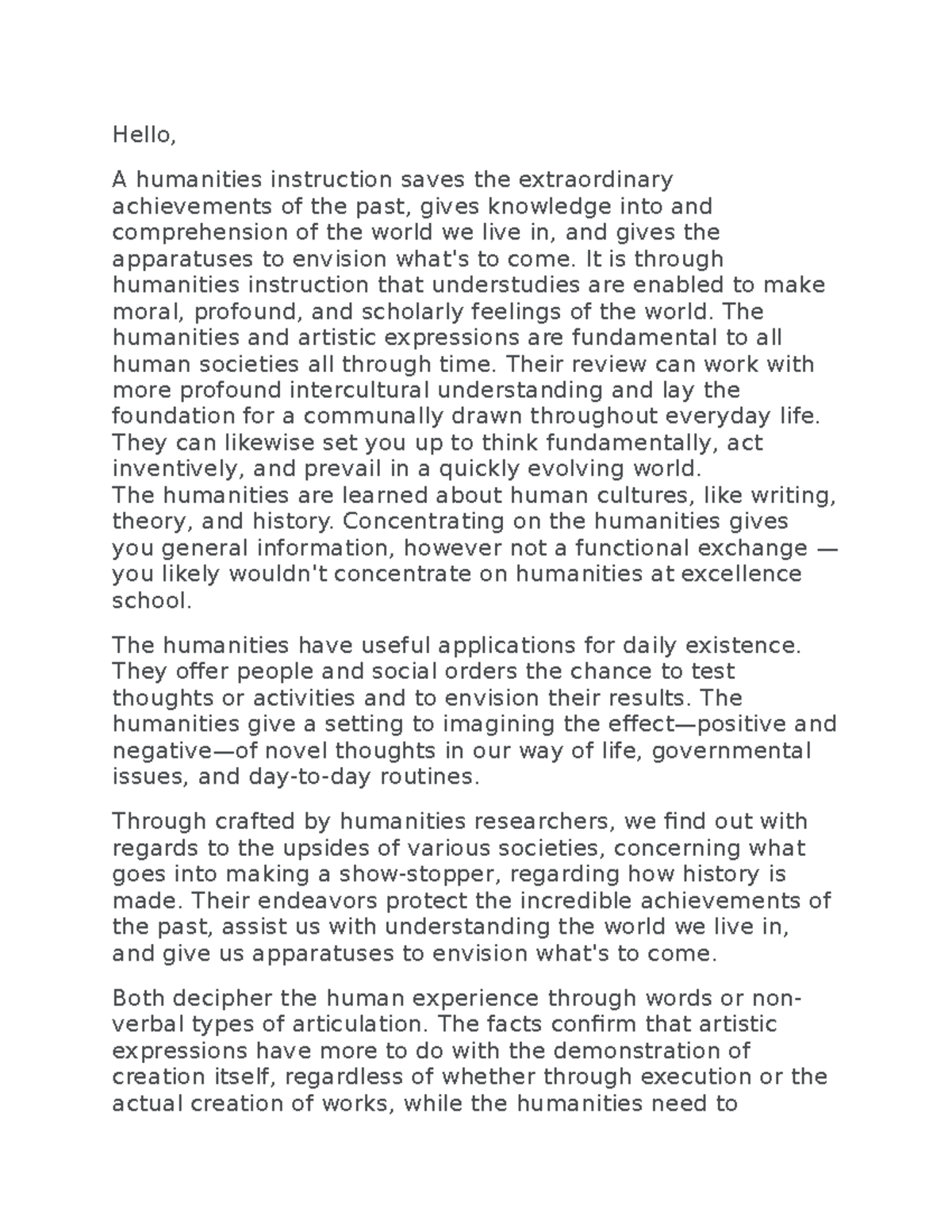 Humanities dicussion notes 8 - Hello, A humanities instruction saves ...