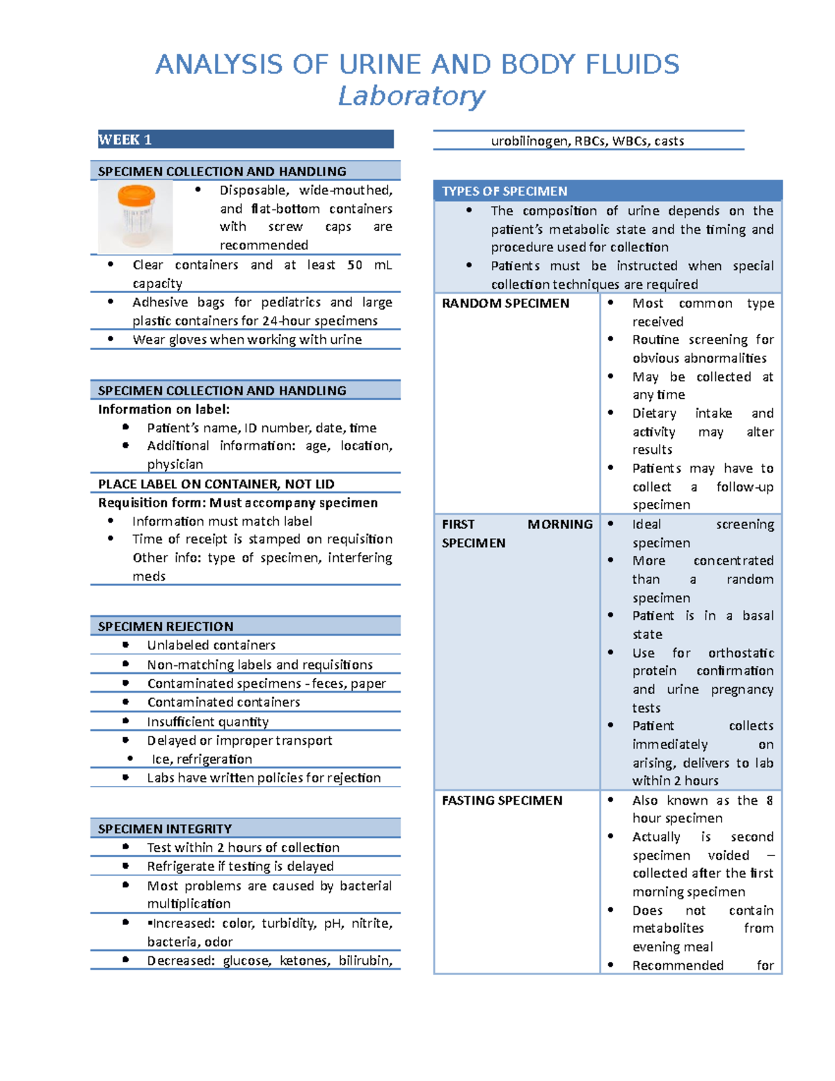 WEEK 1 - introduction to body fluids - ANALYSIS OF URINE AND BODY ...