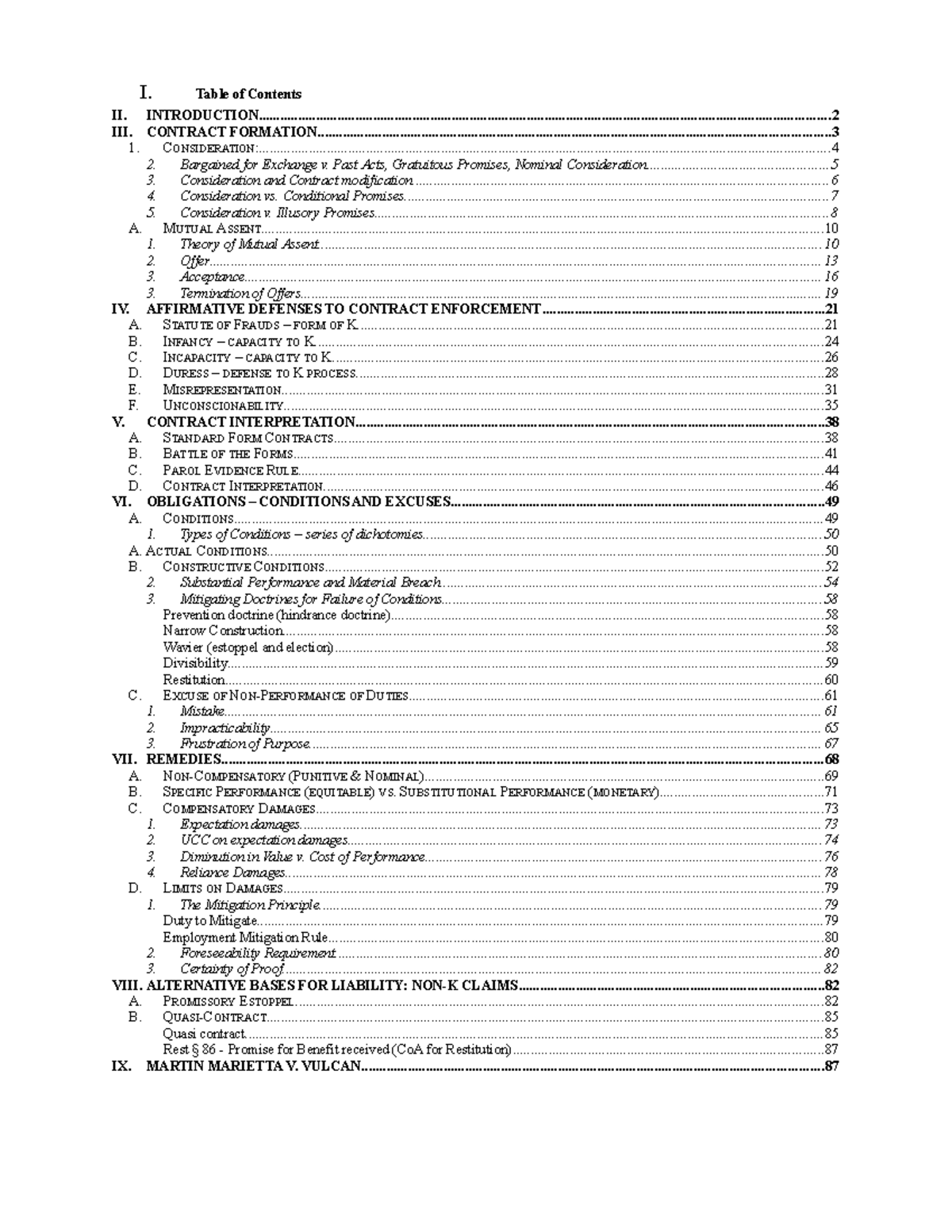 Contracts Outline - I. Table of Contents II. - Studocu