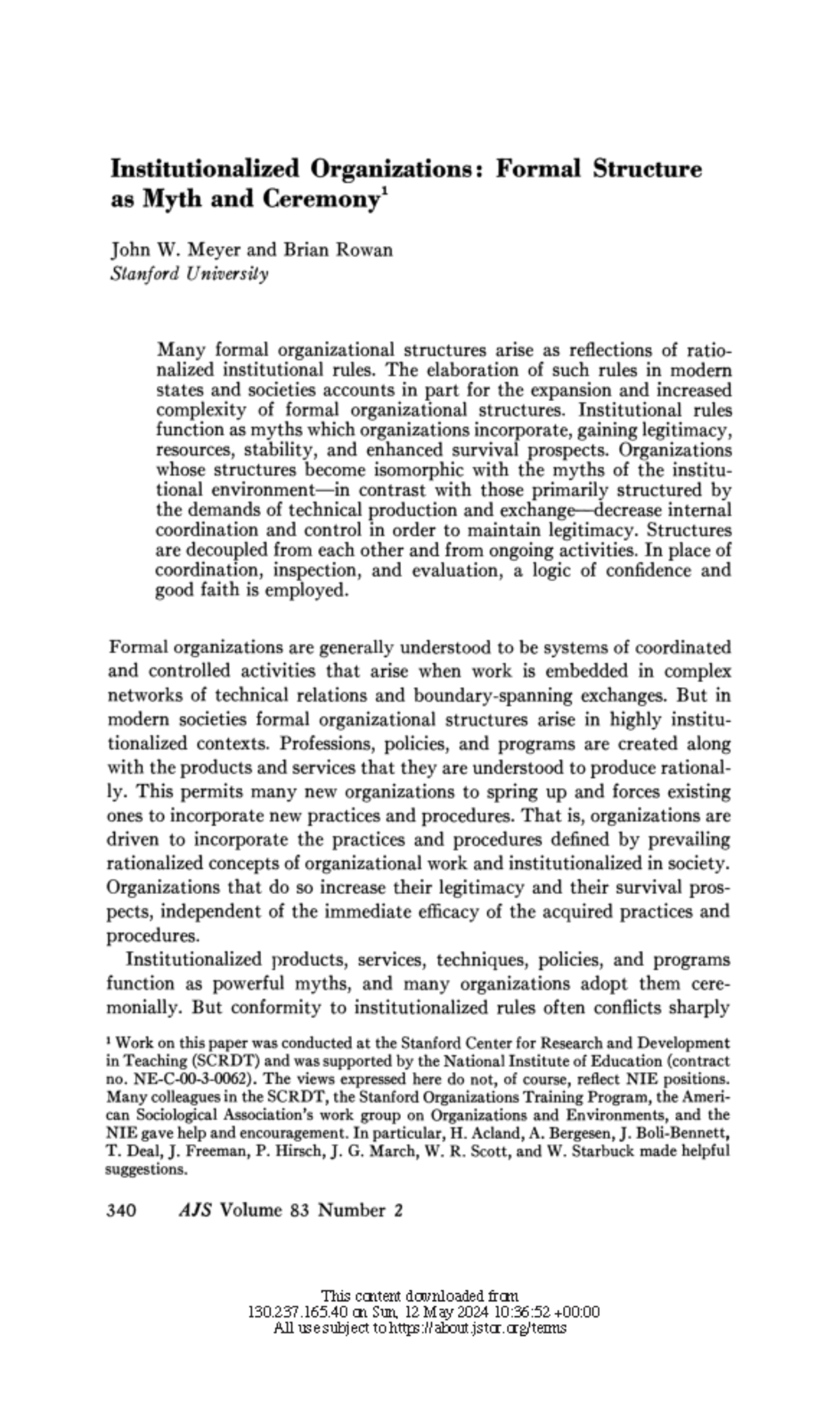 Meyer&Rowan Block 3 - Institutionalized Organizations: Formal Structure ...