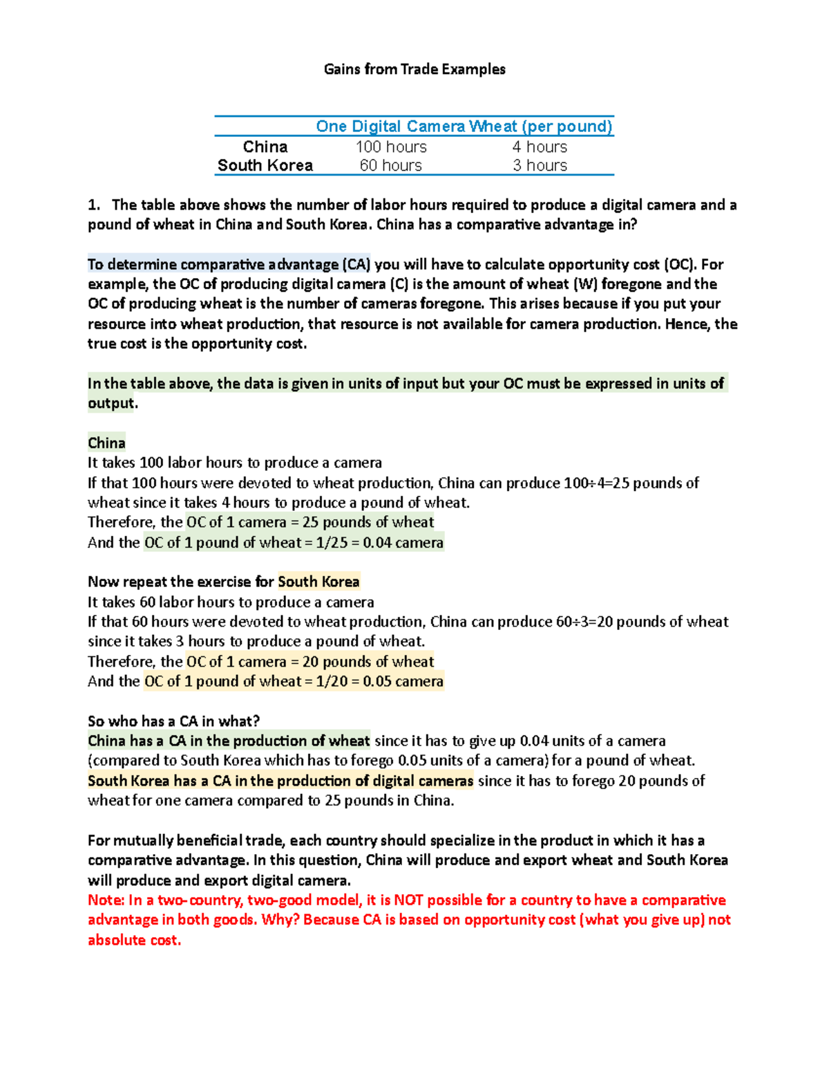 Gains from Trade Examples - The table above shows the number of labor ...