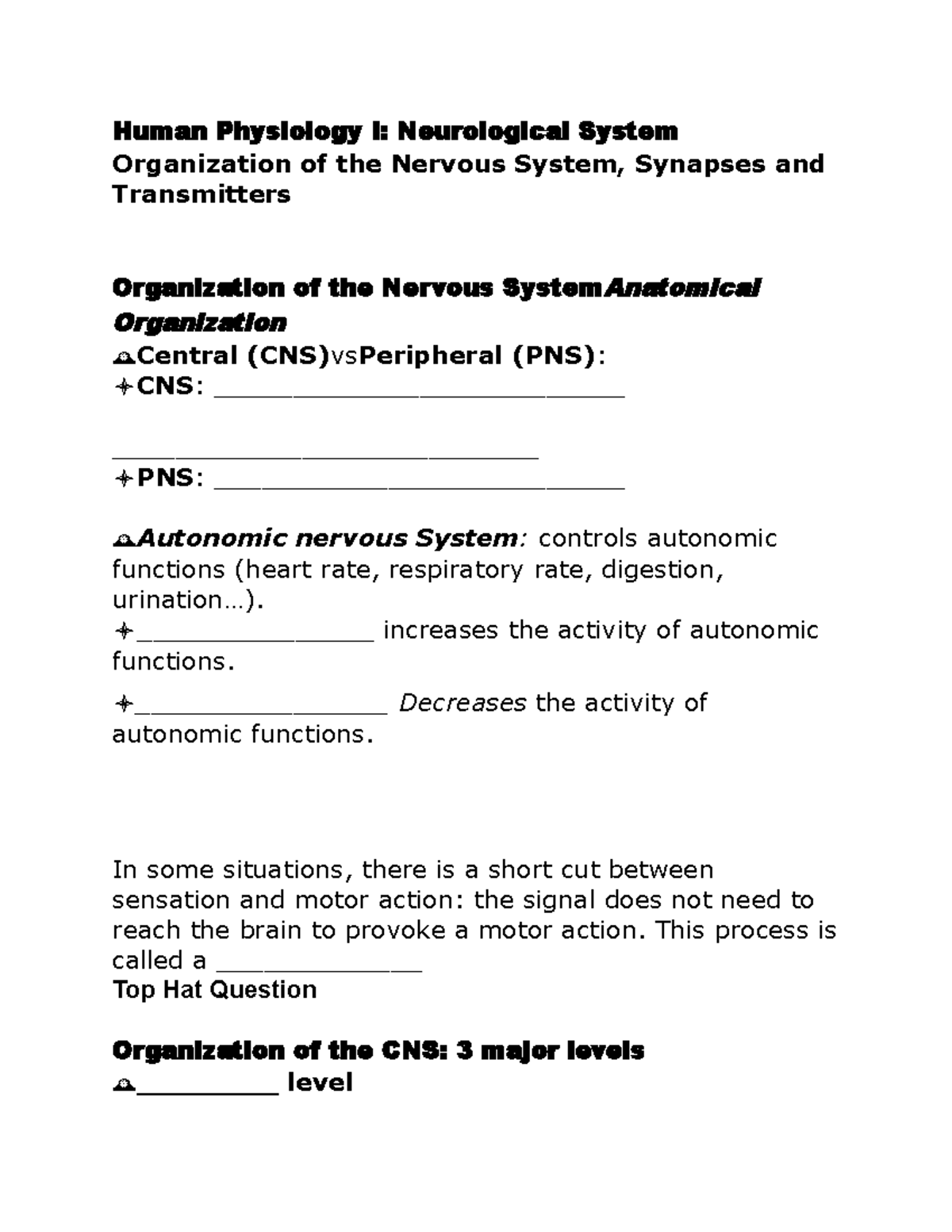 Human I - Human Physiology I: Neurological System Organization of the ...
