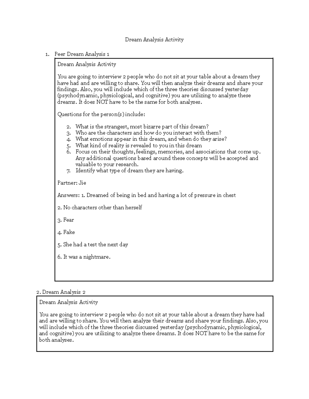 Dream Interview Activity - Dream Analysis Activity 1. Peer Dream ...