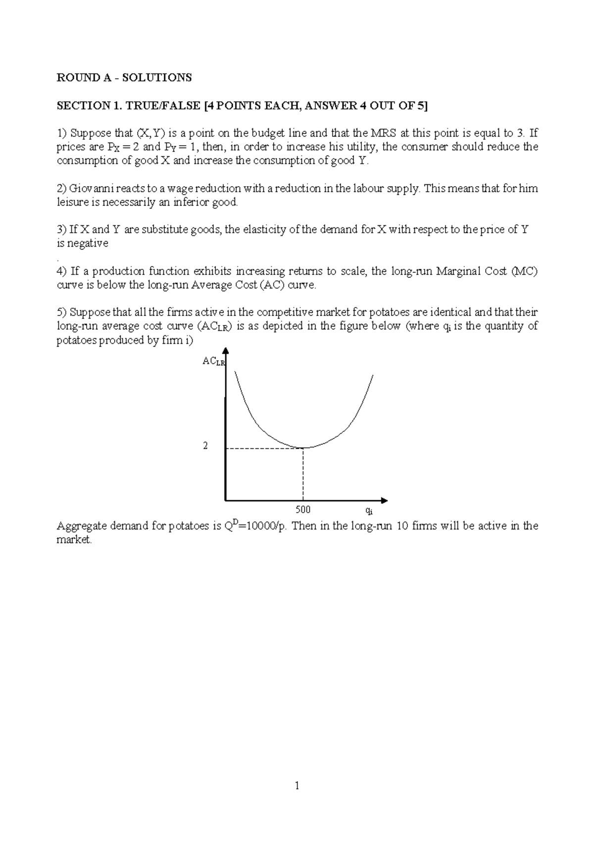 Midterm mock text - Mock exam - ROUND A - SOLUTIONS SECTION 1. TRUE/FALSE [4 POINTS EACH, ANSWER ...