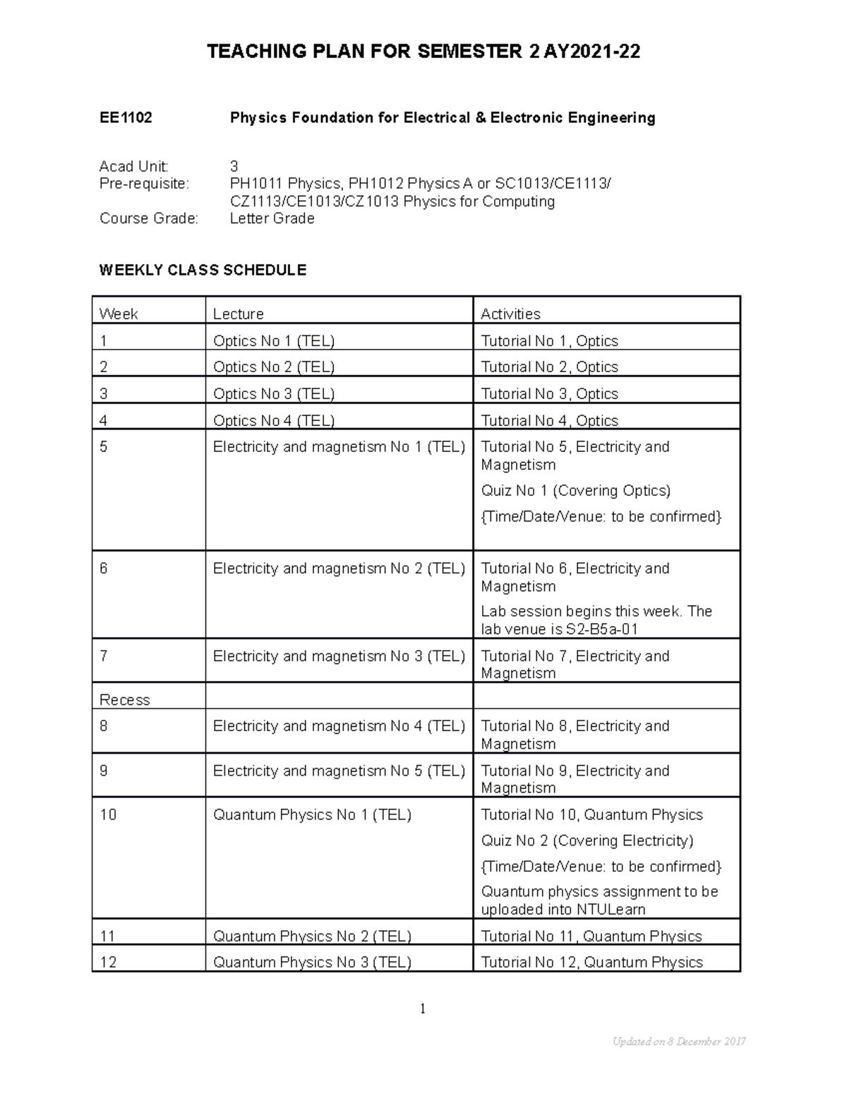 EE1102 Teaching PLAN FOR Semester S2 AY2021-22 - TEACHING PLAN FOR SEMESTER 2 AY2021- EE1102 ...