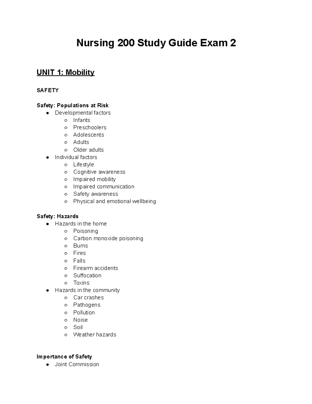 NUR 200 study guide - Nursing 200 Study Guide Exam 2 UNIT 1: Mobility ...
