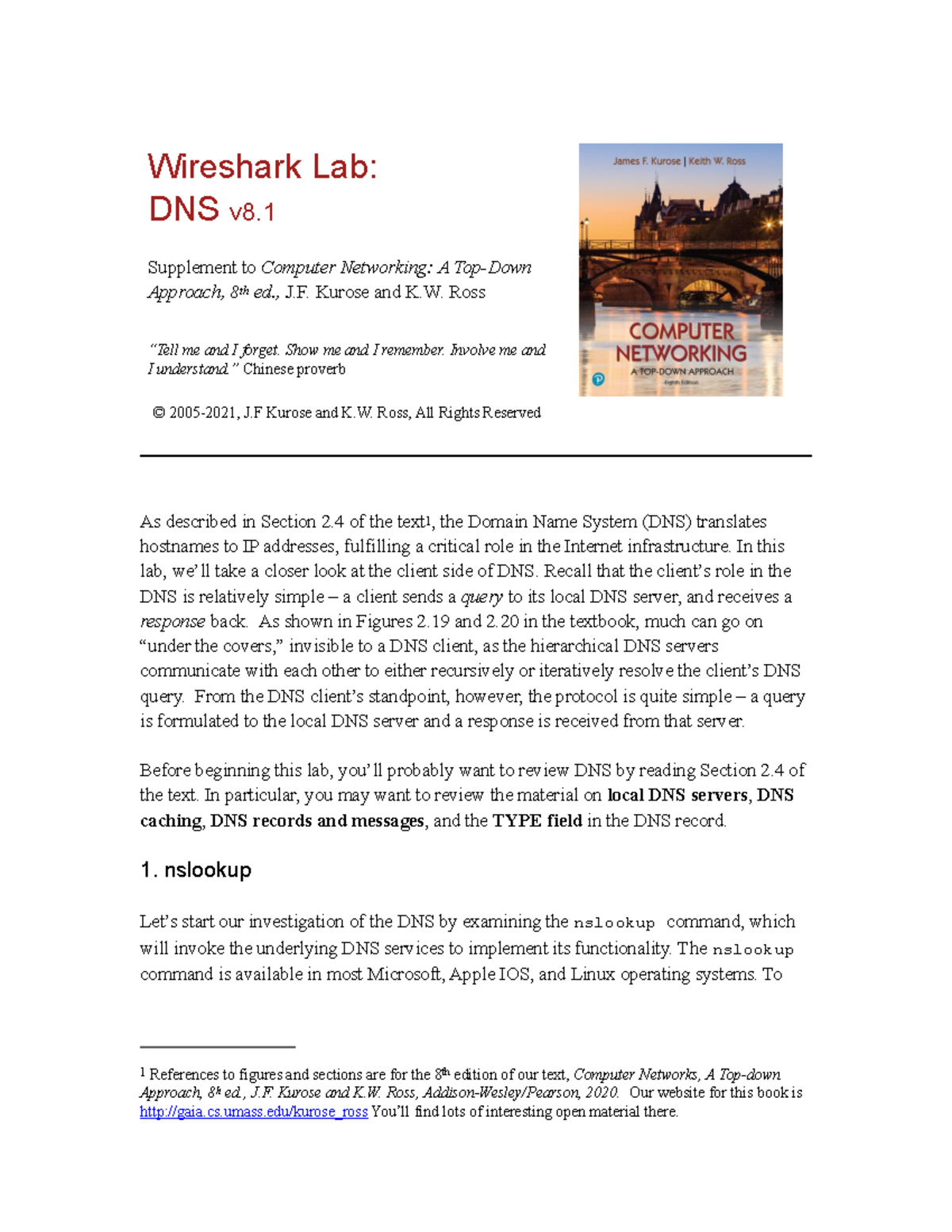 Lab2 Dns Lab As Described In Section 2 Of The Text 1 The Domain Name System Dns 
