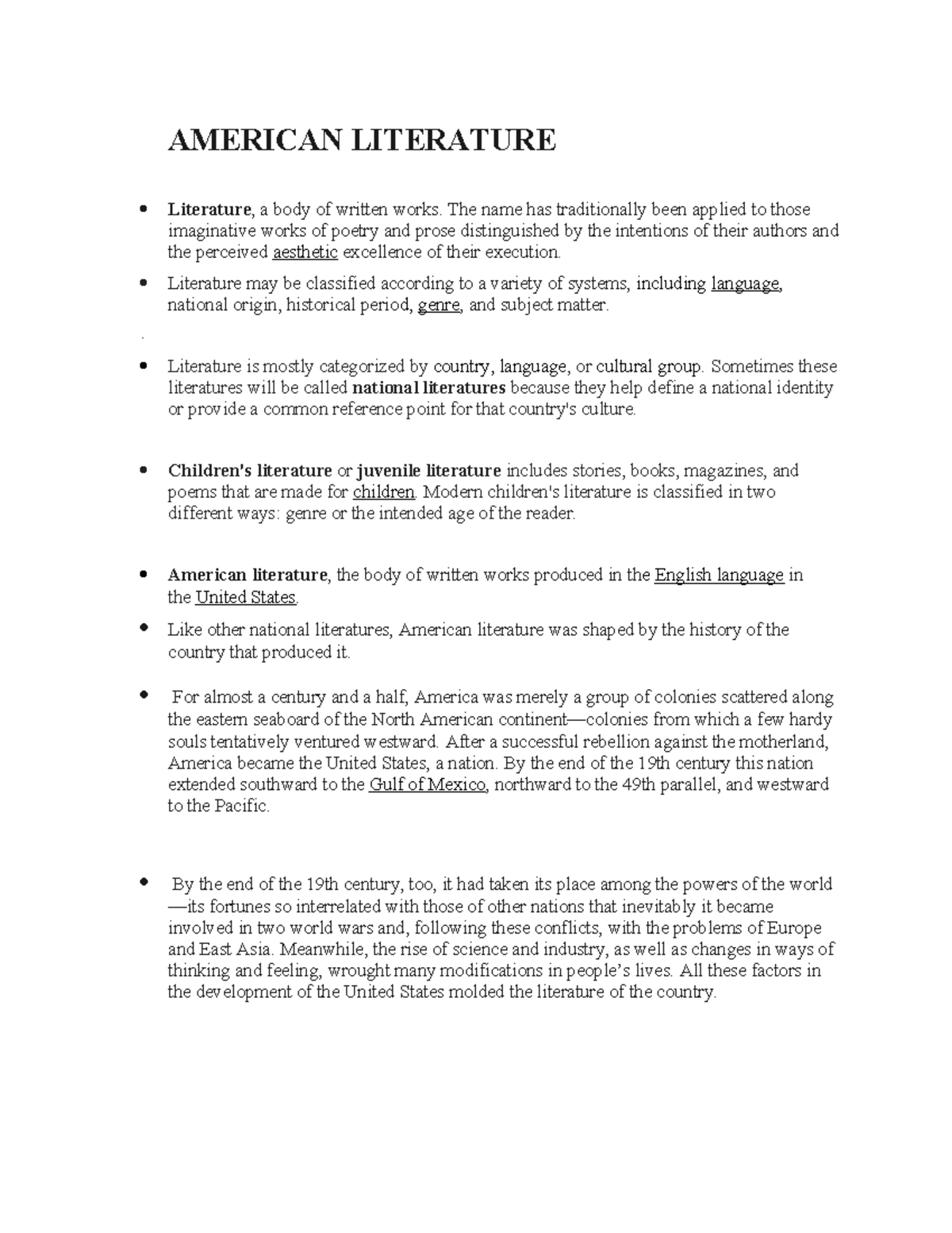 Introduction TO American Literature - AMERICAN LITERATURE Literature, a ...