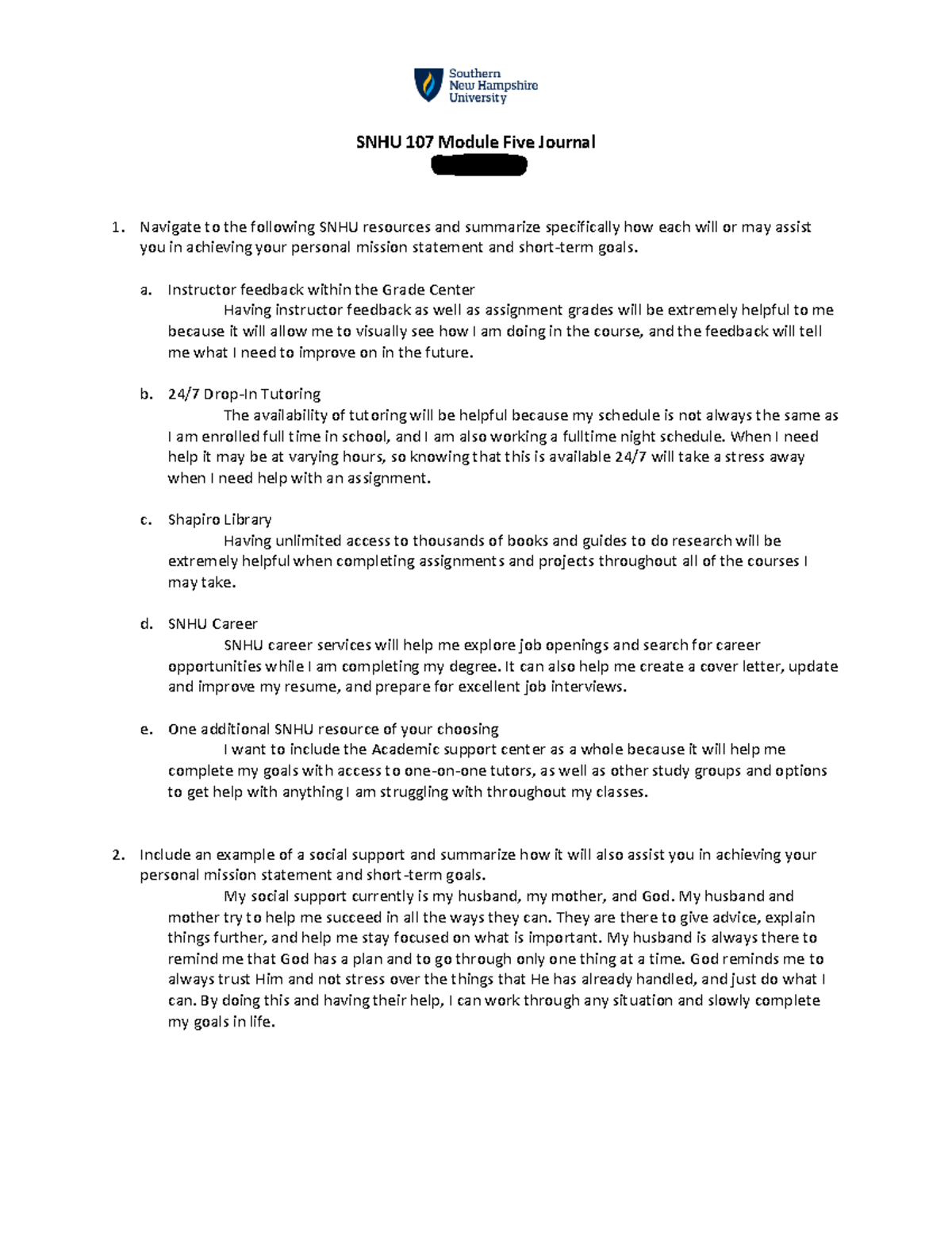 SNHU 107 Module Five Journal - SNHU 107 Module Five Journal Sara ...