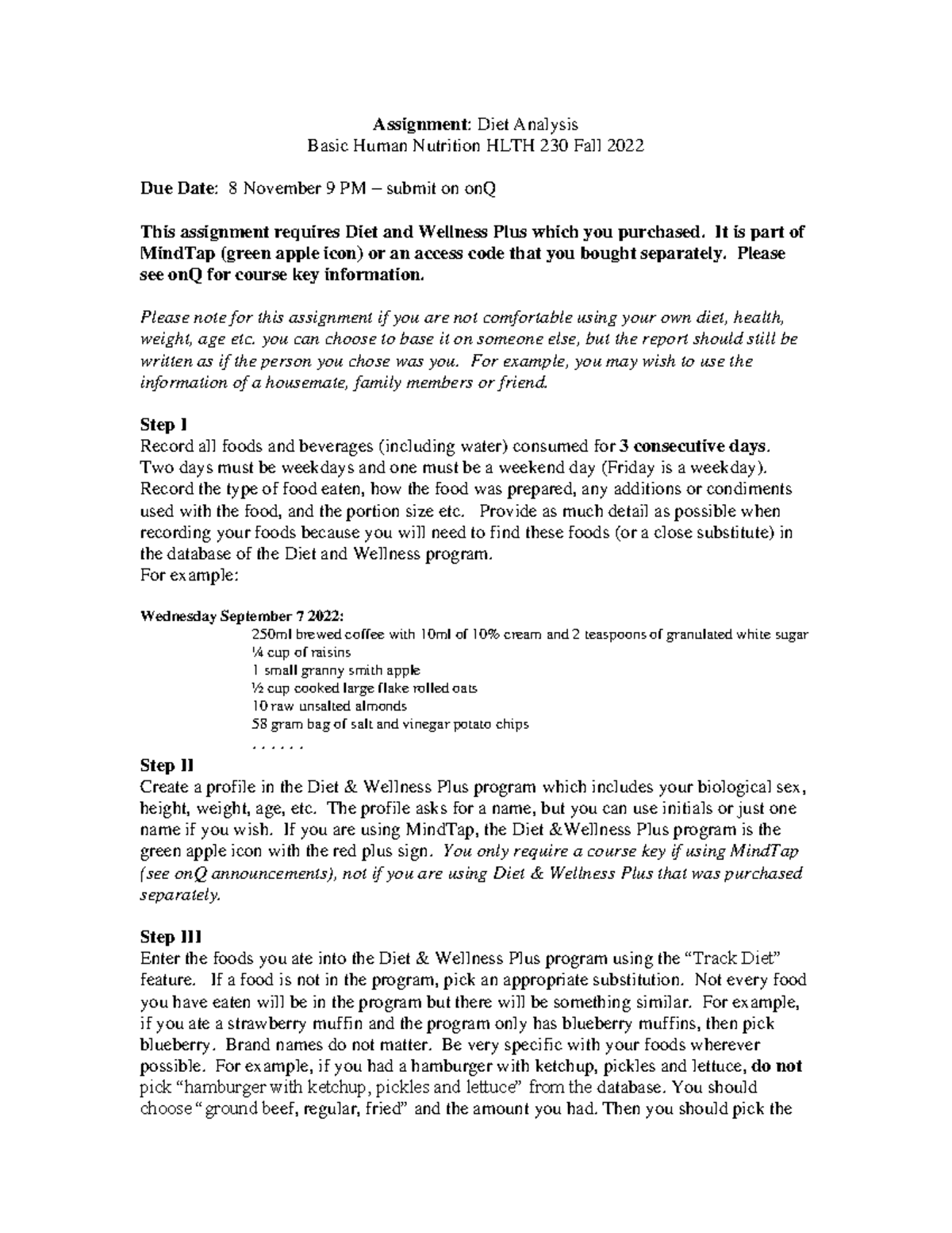 HLTH 230 Fall 2022 Assignment (to post) - Assignment: Diet Analysis ...