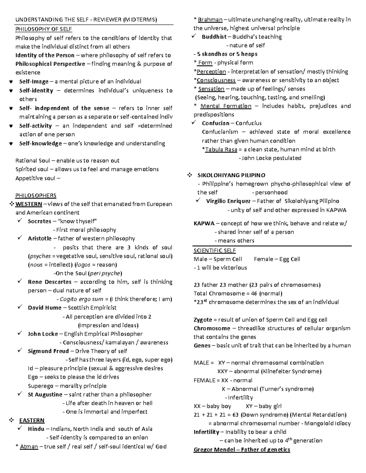 Understanding THE SELF - UNDERSTANDING THE SELF - REVIEWER (MIDTERMS ...