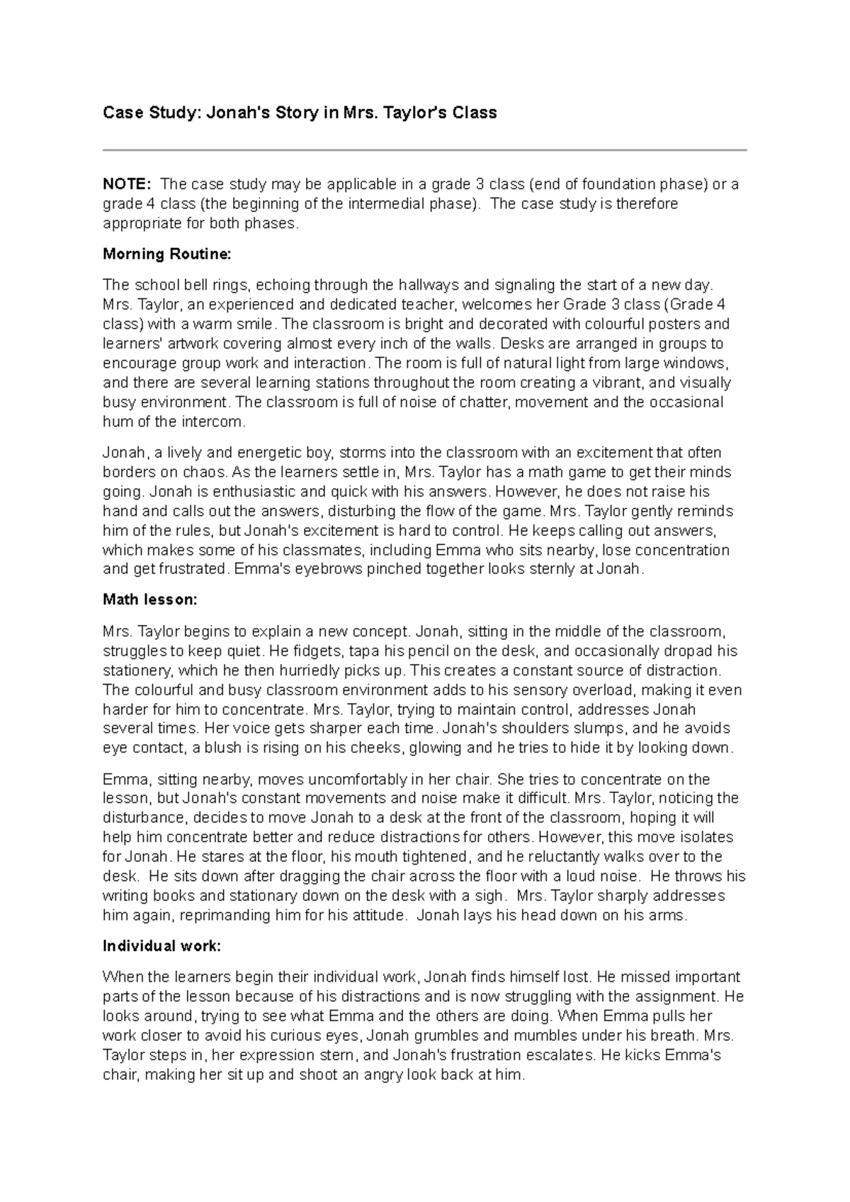 Case study Foundation and Intermediate Phase - Case Study: Jonah's Story in Mrs. Taylor's Class ...