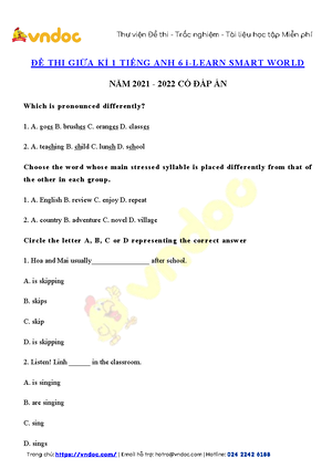 De thi giua ki 1 lop 6 mon tieng anh i learn smart world so 2 - ĐỀ THI GIỮA KÌ 1 TIẾNG ANH 6 i ...