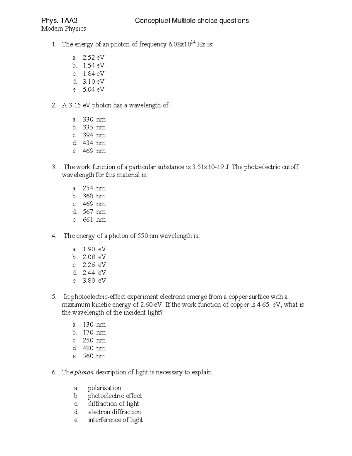 Exam-Modern Physics-Ave - Phys. 1AA3 Conceptuel Multiple choice ...