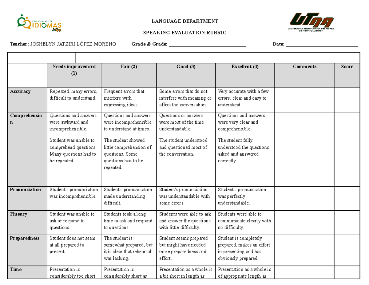 Speaking Evaluation Rubric 3 - LANGUAGE DEPARTMENT SPEAKING EVALUATION ...