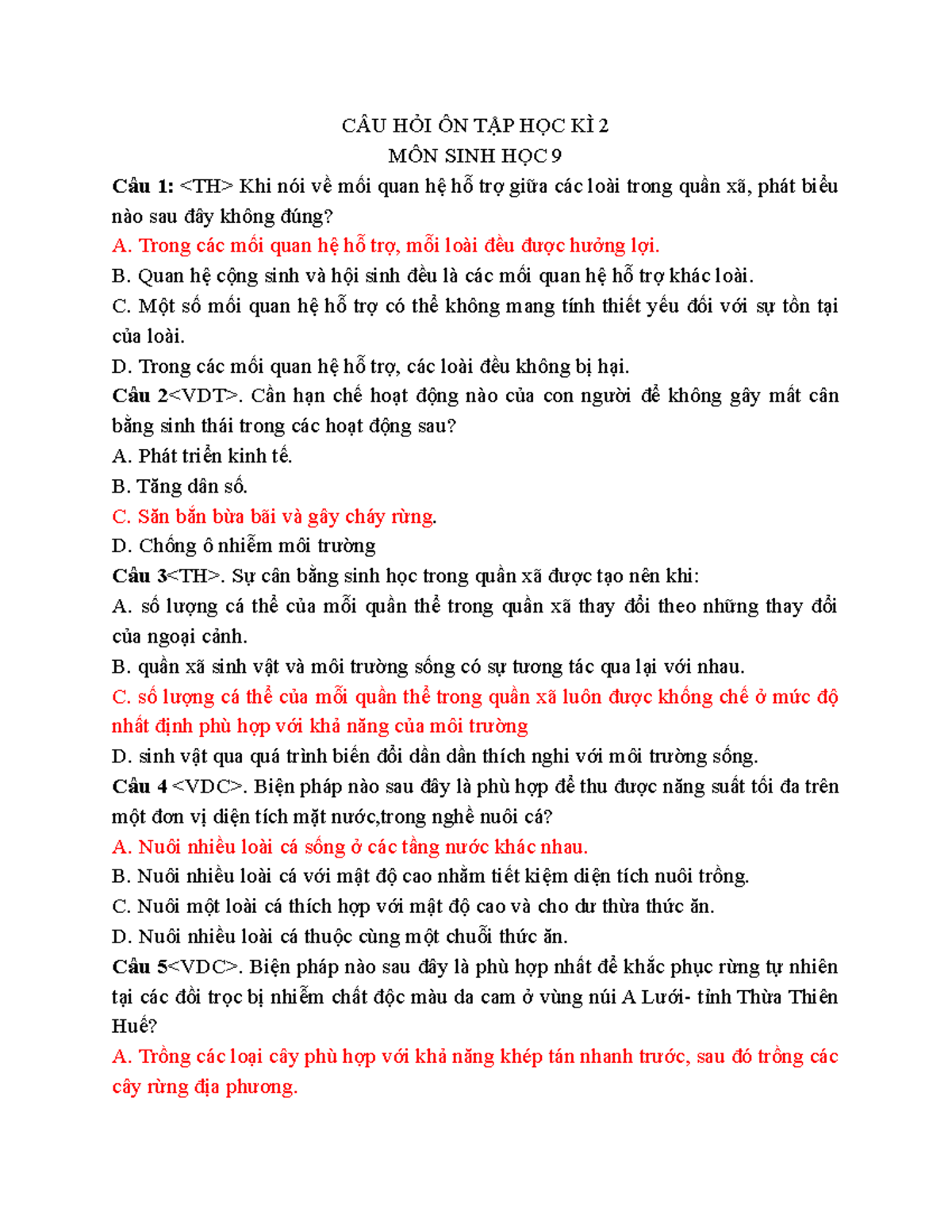 ĐÁP ÁN ĐỀ CƯƠNG ÔN TẬP SINH HỌC 9 HKII - CÂU HỎI ÔN TẬP HỌC KÌ 2 MÔN ...