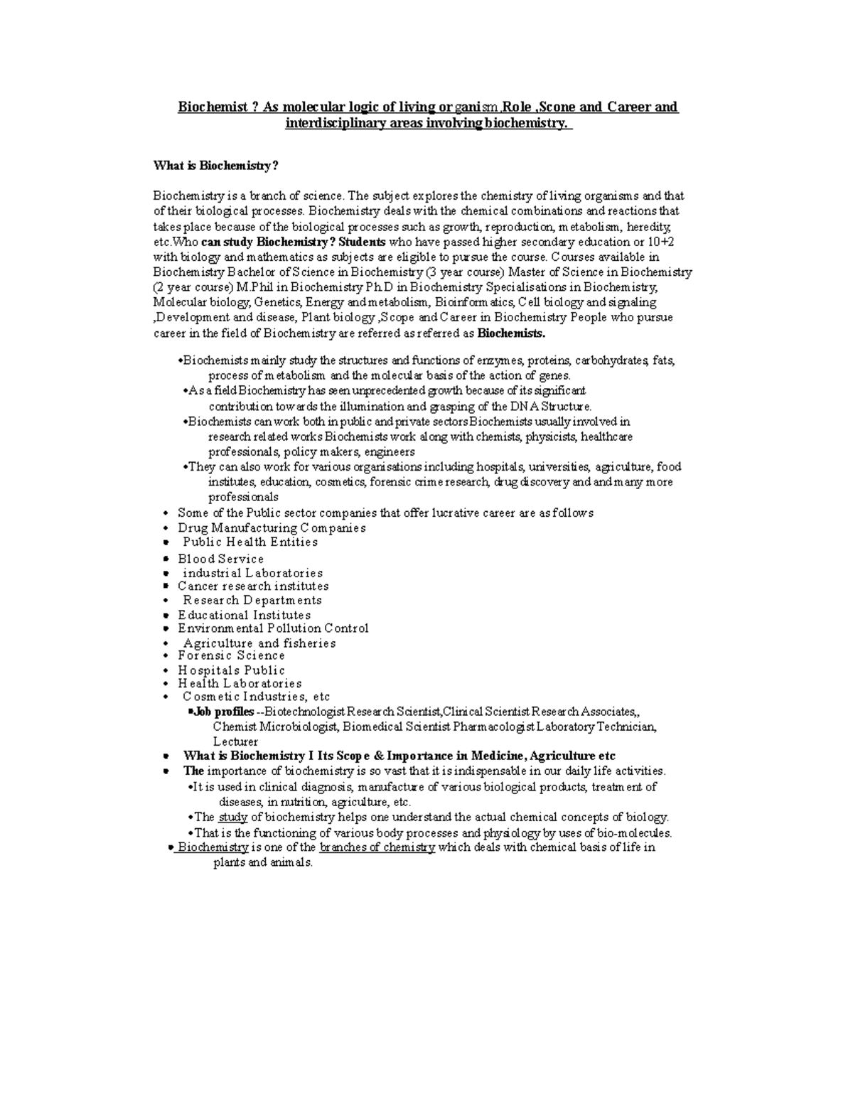 What is biochemistry - Detailed lecture note - Biochemist? As molecular ...