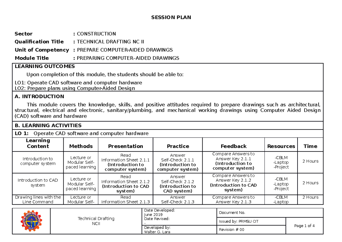 1.1. Session Plan (One Core) - SESSION PLAN Sector : CONSTRUCTION ...