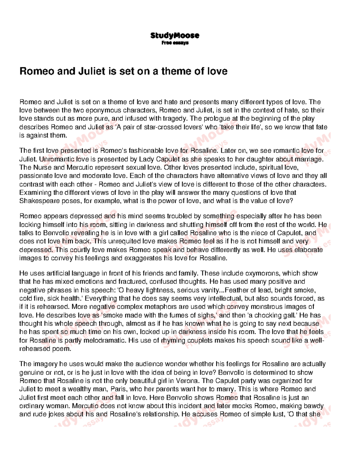 Romeo and Juliet is set on a theme of love - The love between the two ...
