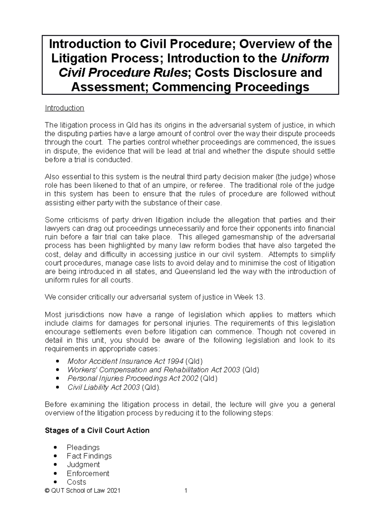 Introduction to Civil Procedure - LWB431 - QUT - Studocu