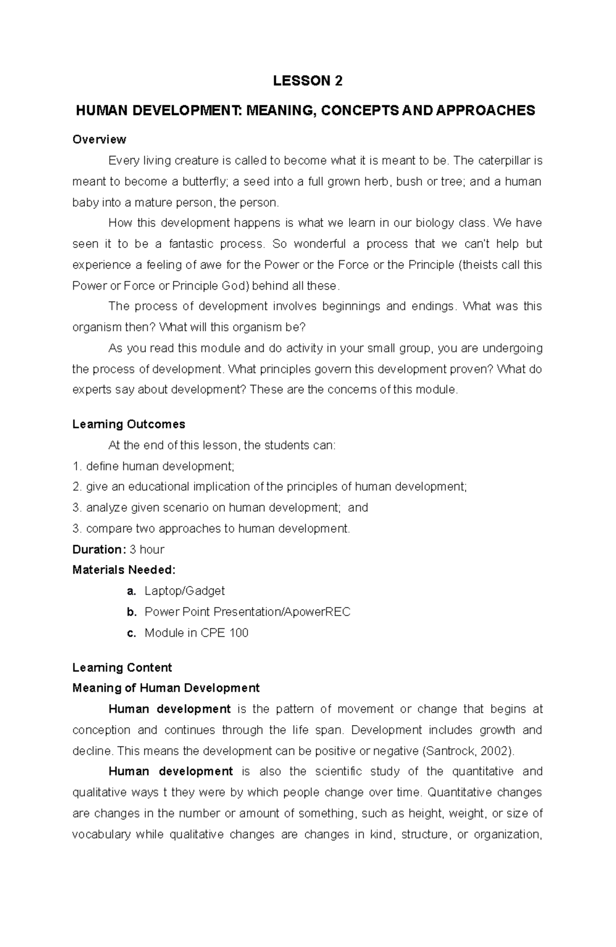 CPE 100 Lesson 2 - For review - LESSON 2 HUMAN DEVELOPMENT: MEANING ...