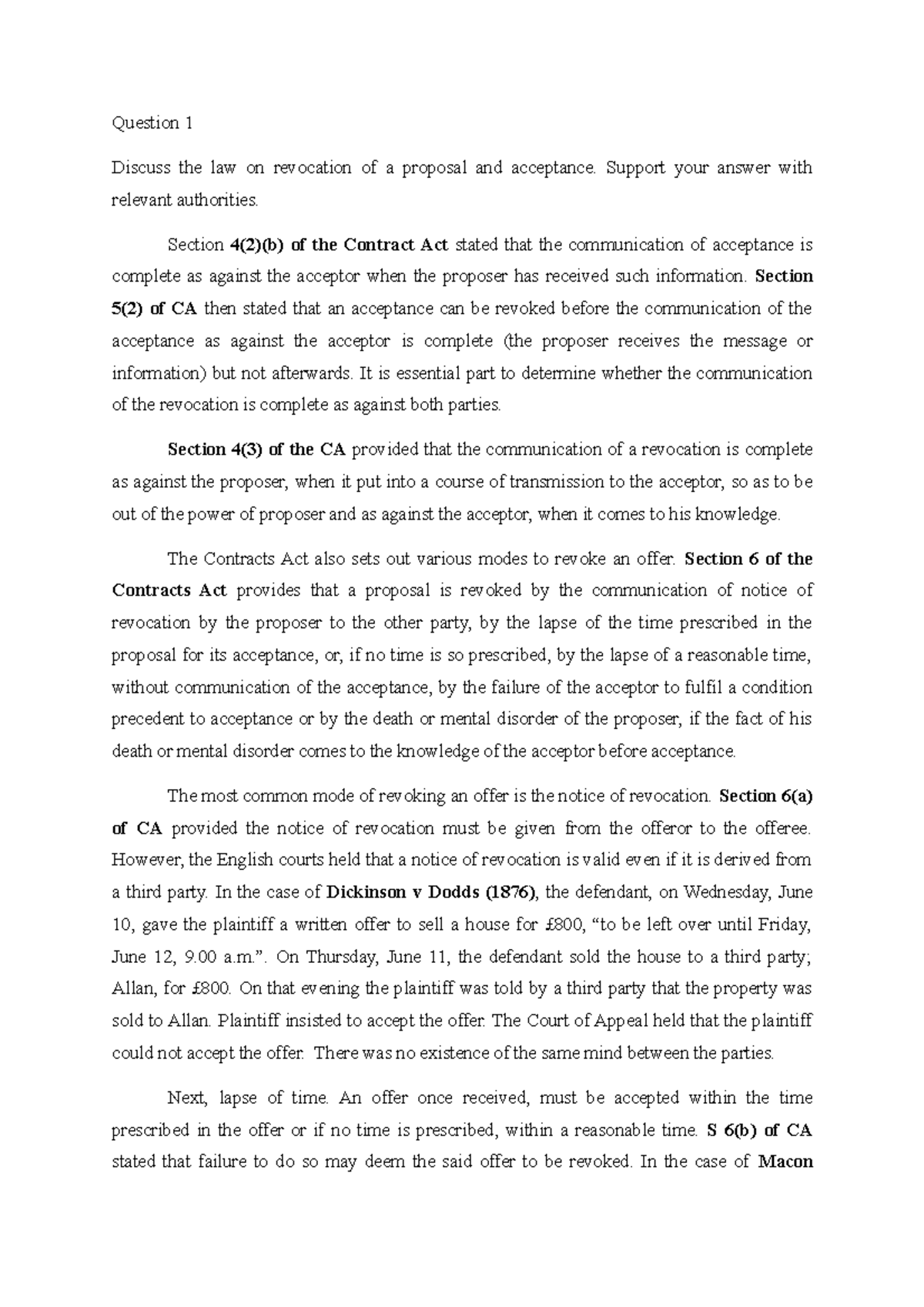 Contract Tutorial 2 Question 1 - Question 1 Discuss the law on revocation of a proposal and ...