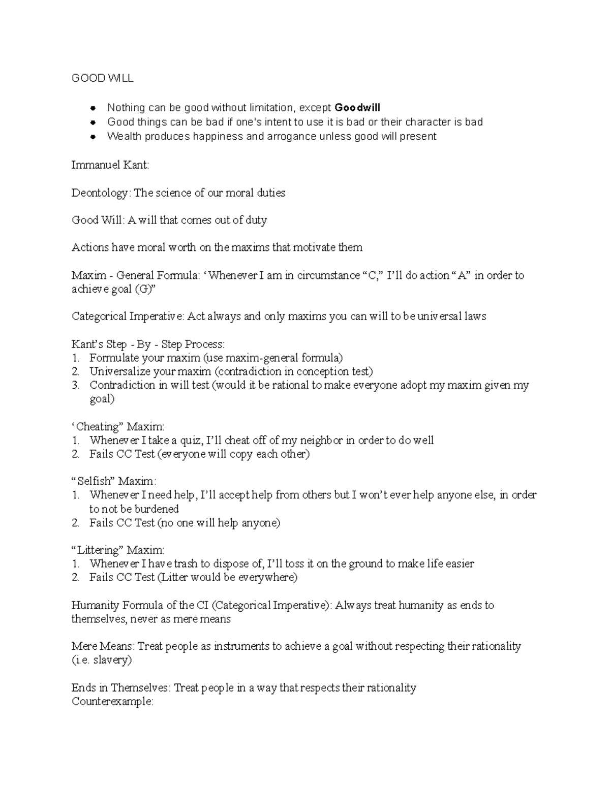 Kant GOOD WILL - Lecture notes 5 - GOOD WILL Nothing can be good ...