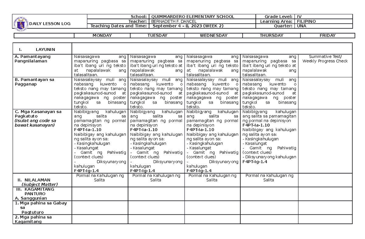 FIL 4 W2 - FILIPINO 4 WEEK 2 DLL - DAILY LESSON LOG School: QUIMMARDERO ...
