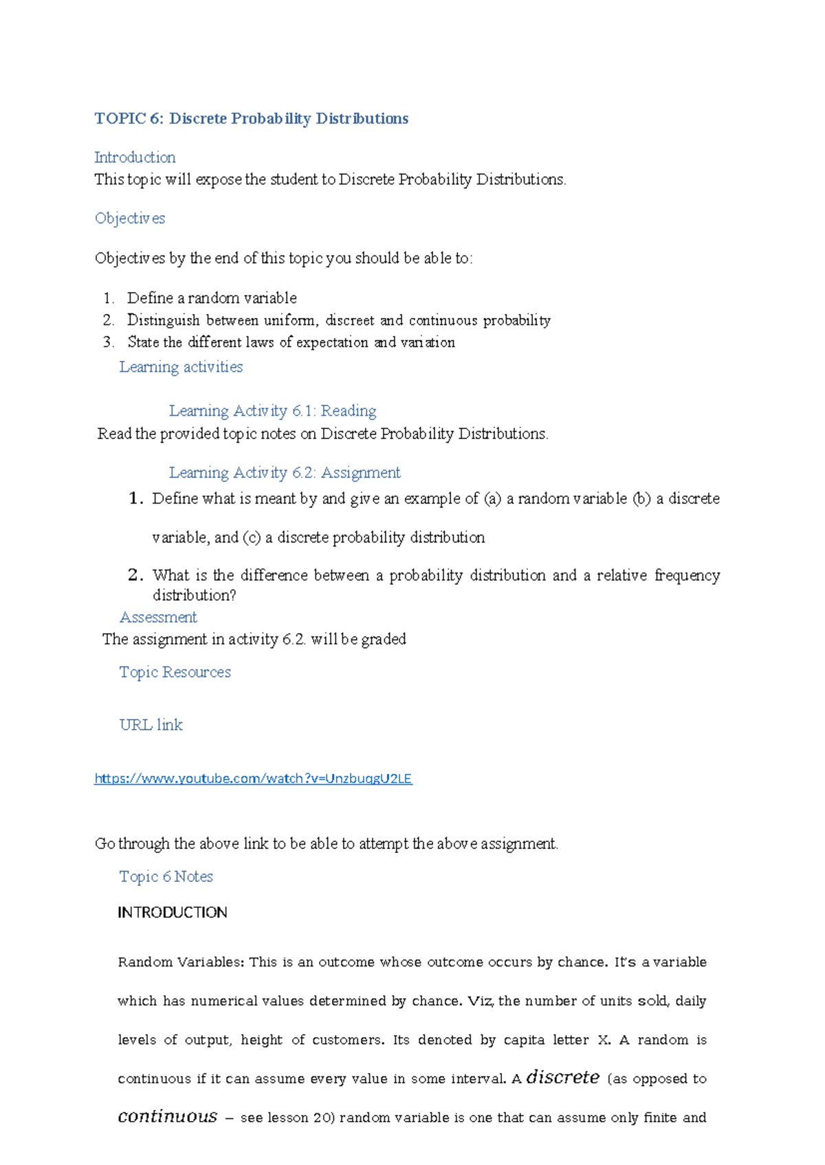 (S1) Topic 6 Discrete Probability - TOPIC 6: Discrete Probability ...