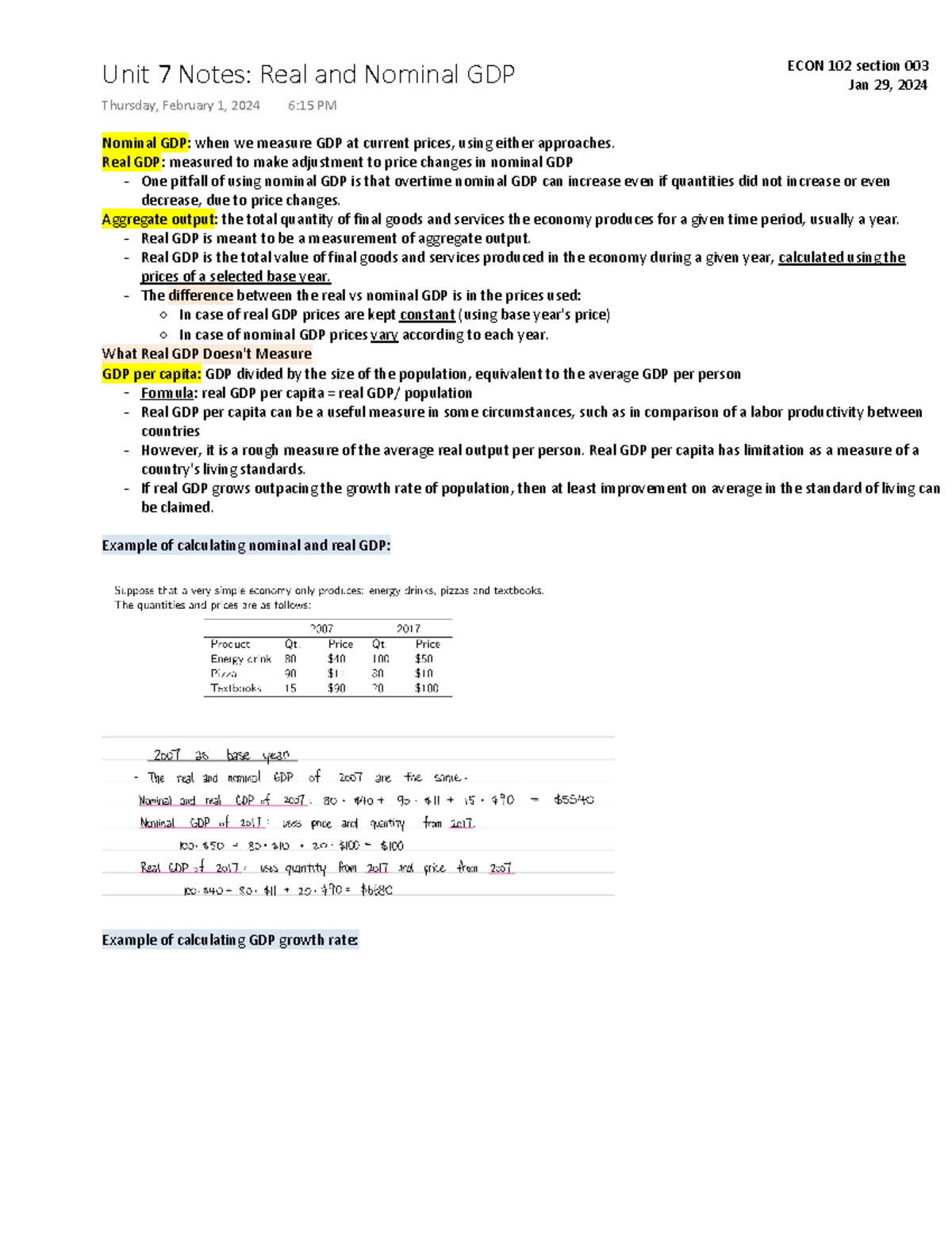 Jan 29, 2024 Notes - Unit 7 real and nominal GDP - ECON 102 section 003 ...