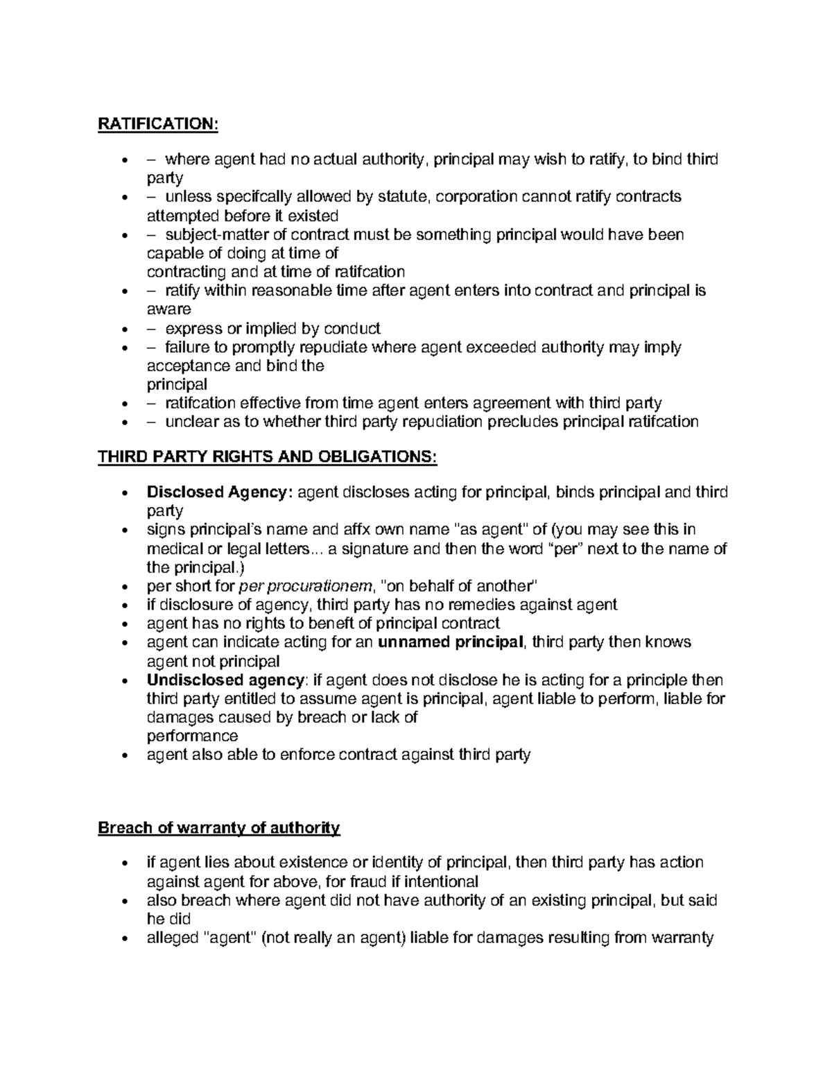 Ratification - Notes from lecture - RATIFICATION: • – where agent had ...