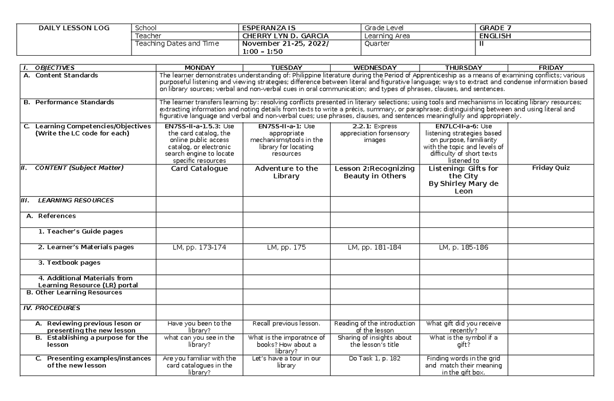 Eng 7 Q3 week 2 2022-2023 - DAILY LESSON LOG School ESPERANZA IS Grade ...