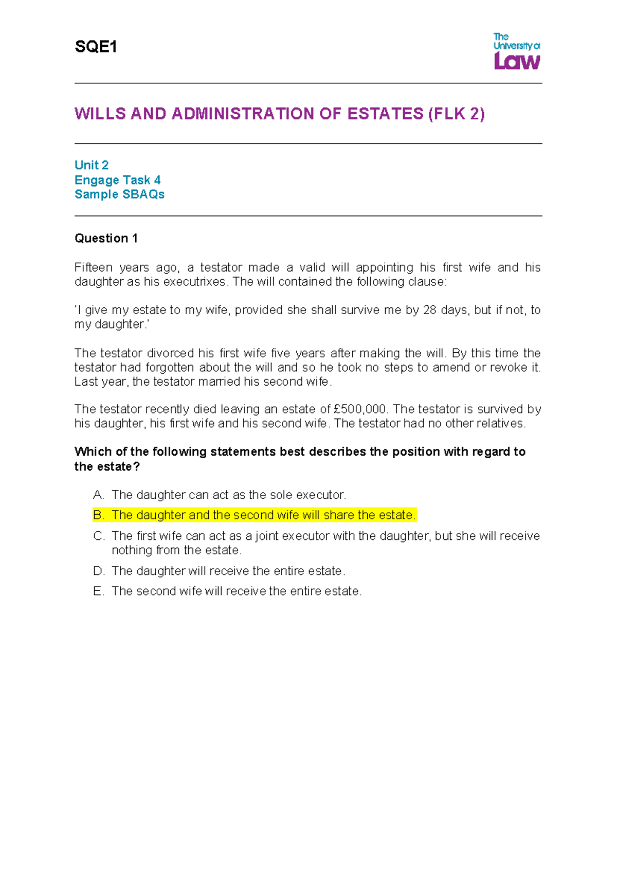 Wills & Admin SBSA Unit 2 - SQE WILLS AND ADMINISTRATION OF ESTATES ...