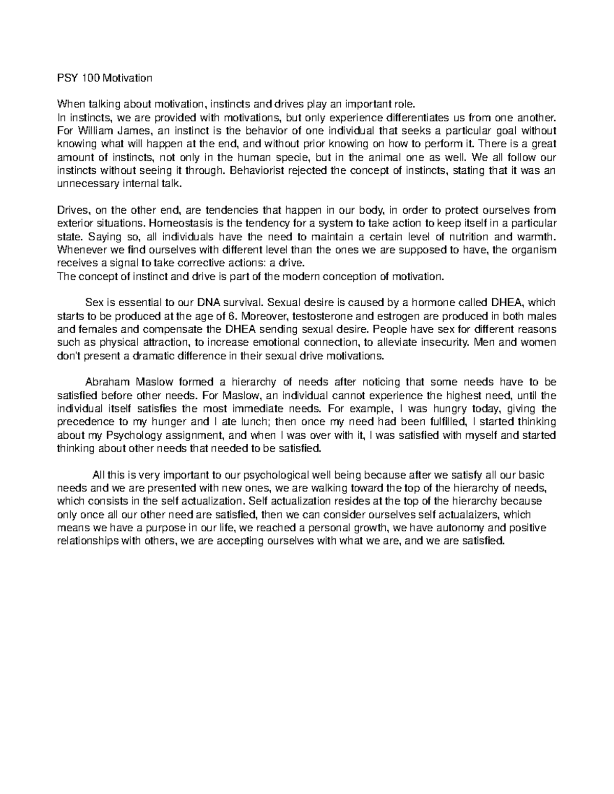 PSY 100 Motivation - Grade: A - PSY 100 Motivation When talking about ...