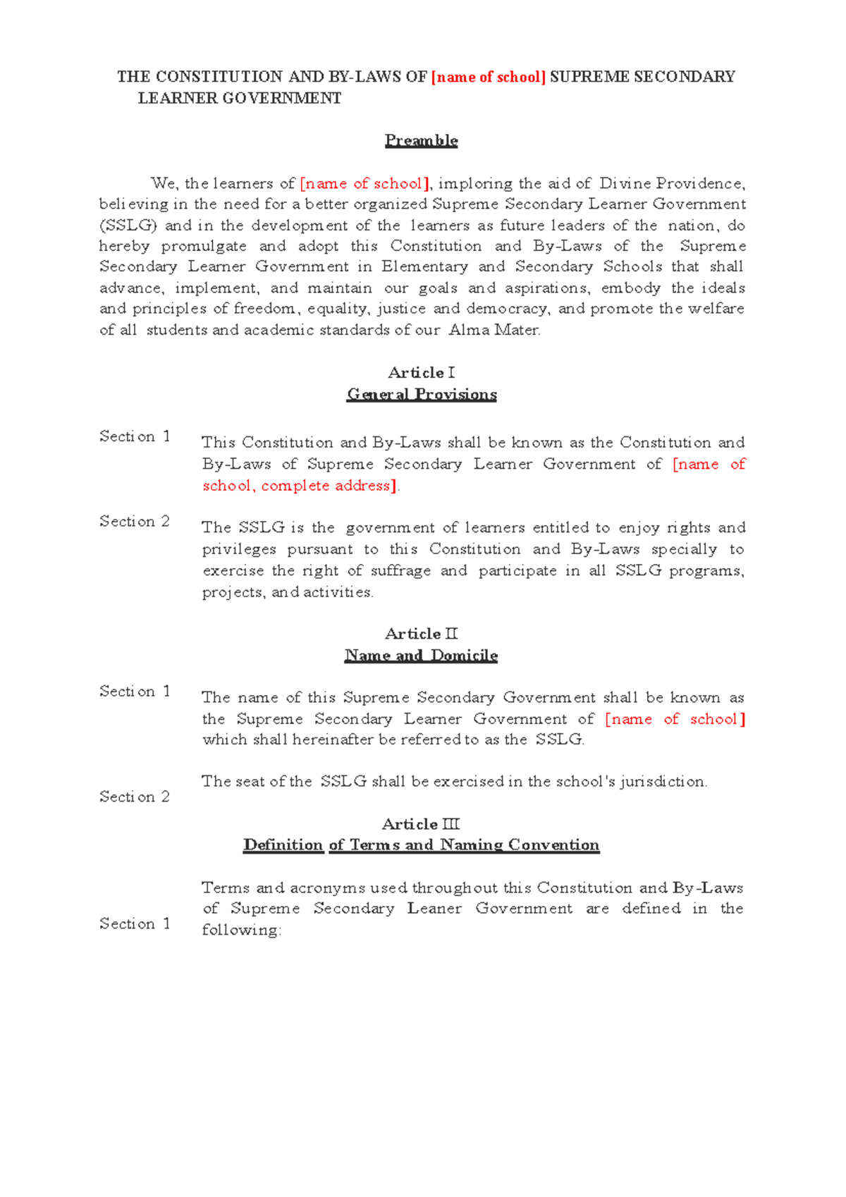 SSLG Constitution and By Laws - THE CONSTITUTION AND BY-LAWS OF [name ...