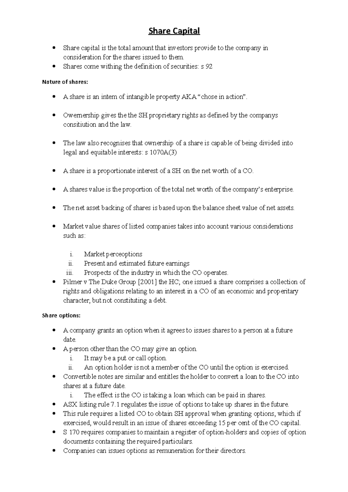 Summary - company notes compiled - Share Capital Share capital is the ...