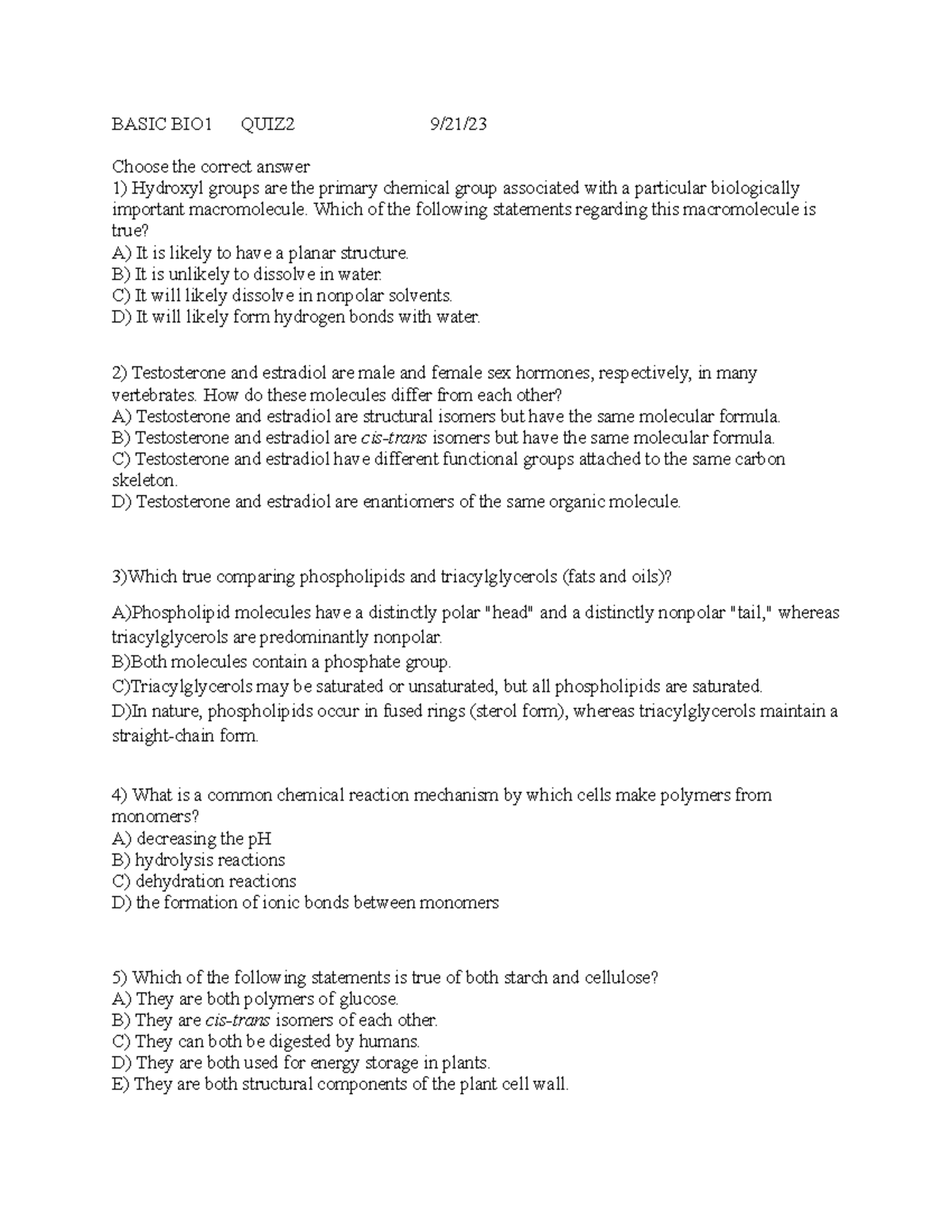 BIO1 quiz2 - Introductory Biology - BASIC BIO1 QUIZ2 9/21/ Choose the ...