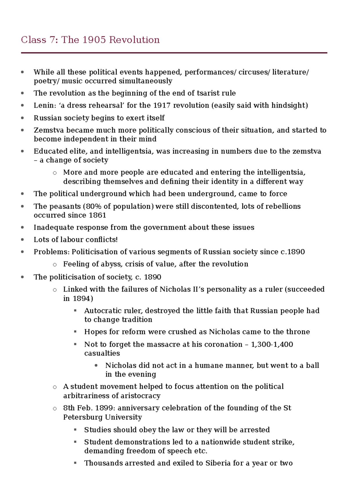 The 1905 Revolution - Class 7: The 1905 Revolution While all these ...