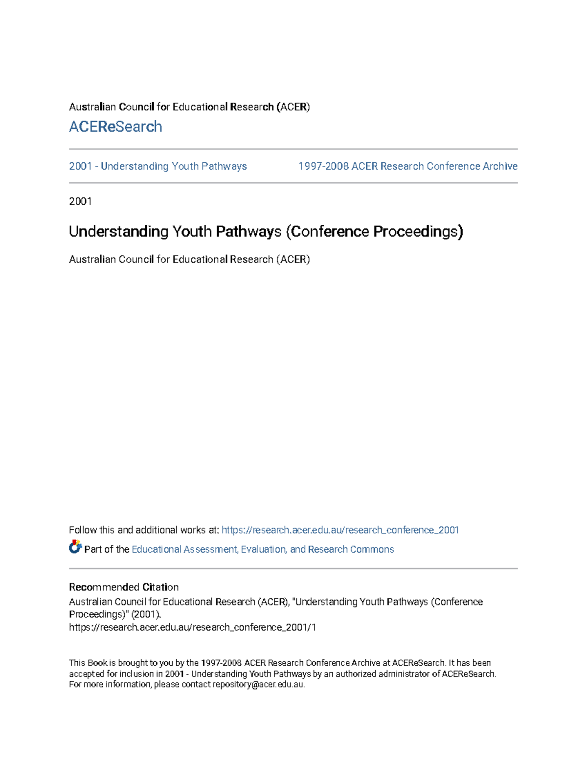 Understanding Youth Pathways (Conference Proceedings) - Australian ...