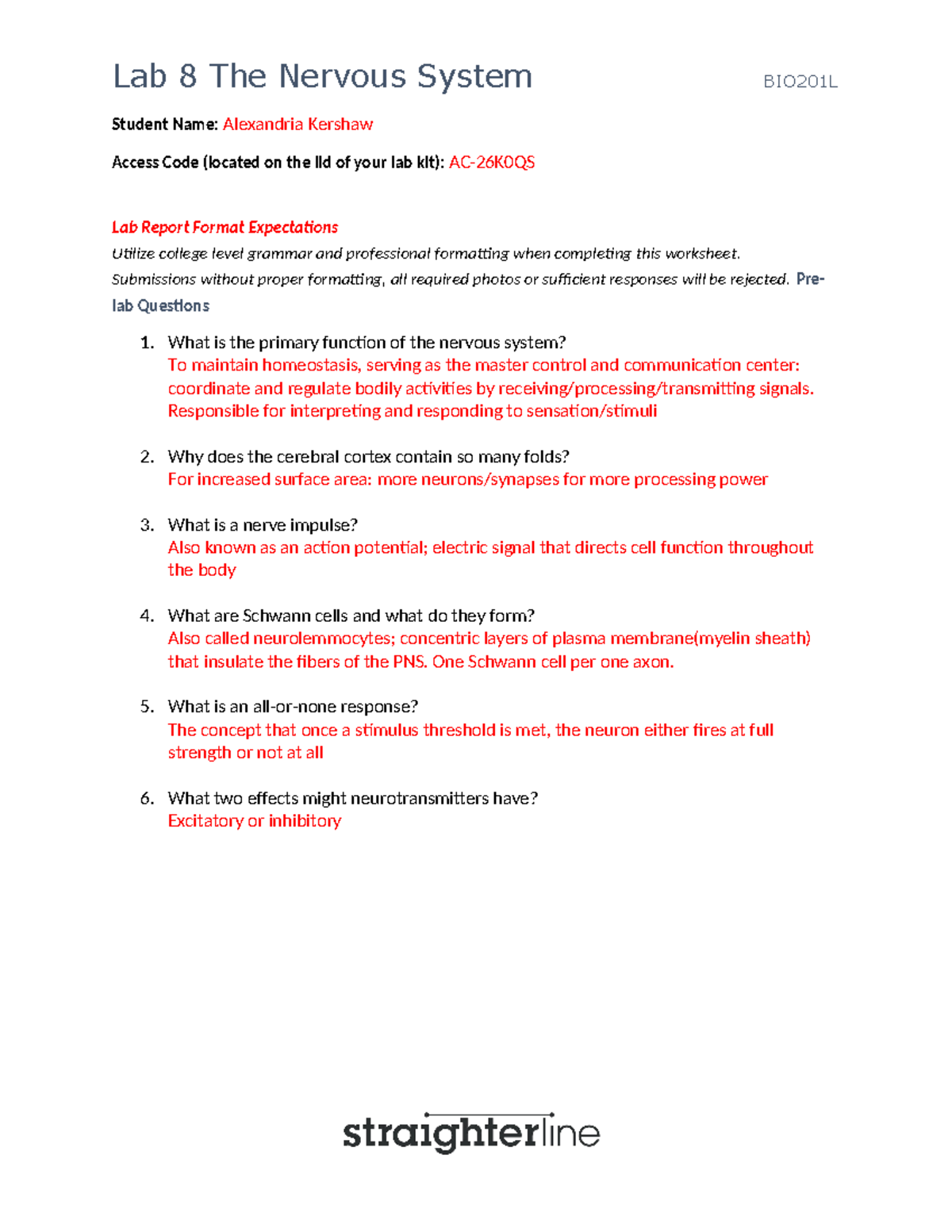 BIO201 Lab 8 - Straighterline Lab - Student Name: Alexandria Kershaw ...