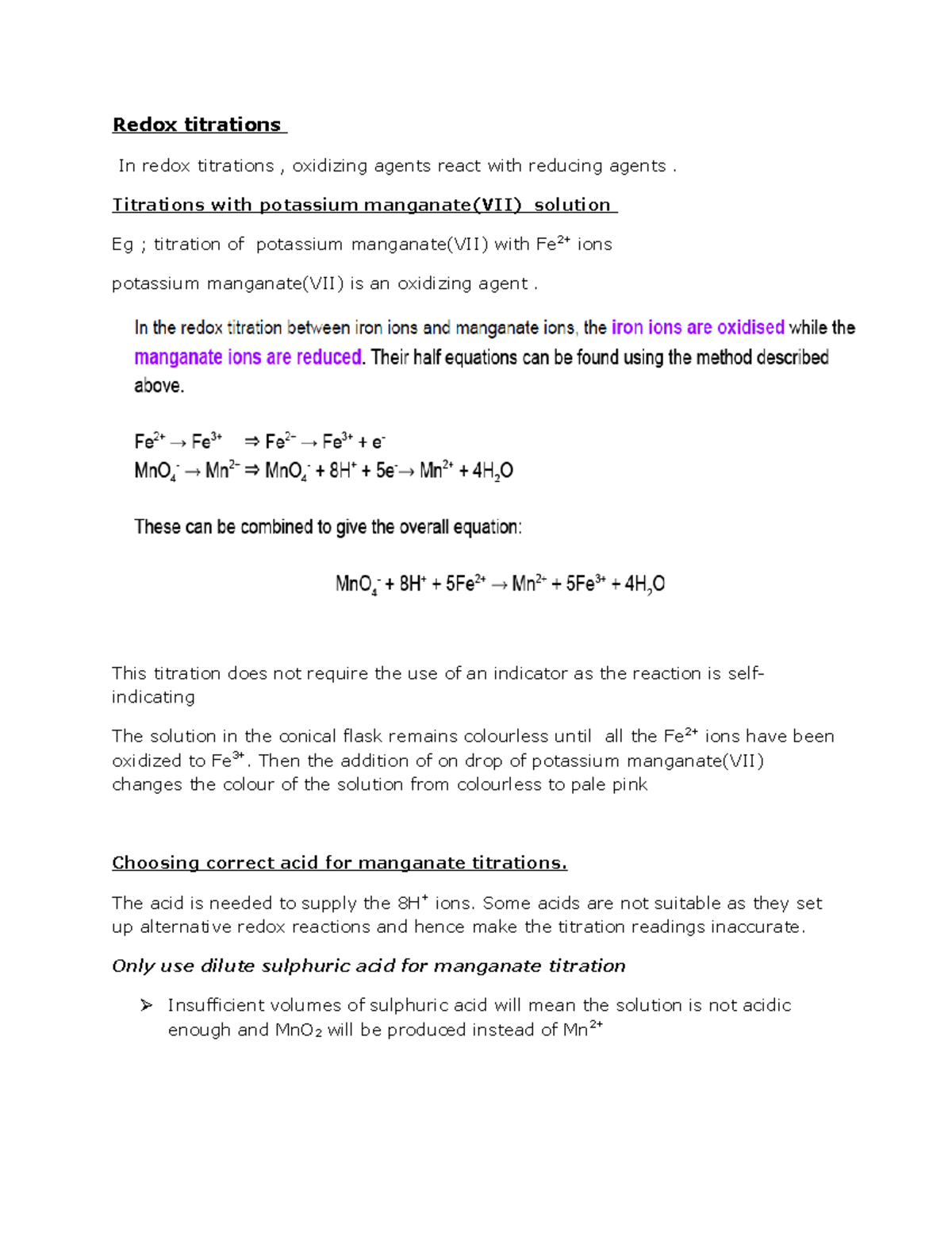 Redox equilibria 8 - Alevel chemistry notes - Redox titrations In redox ...