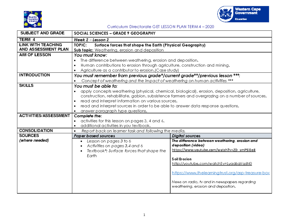 Lesson Plan Grade 9 SS Geography T4 W2 - Curriculum Directorate GET ...