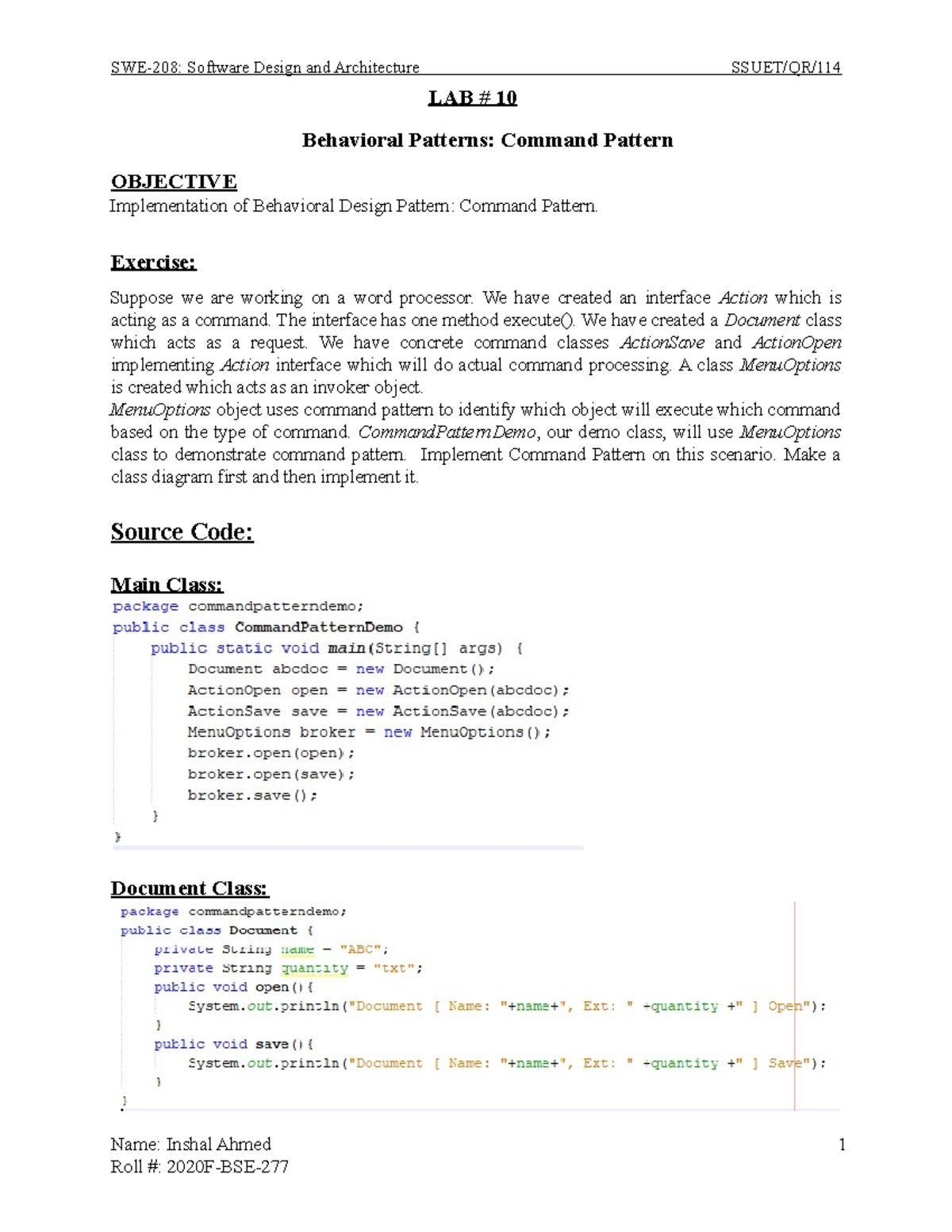 Lab#10[edit] - SWE-208: Software Design and Architecture SSUET/QR/ LAB # 10 Behavioral Patterns ...