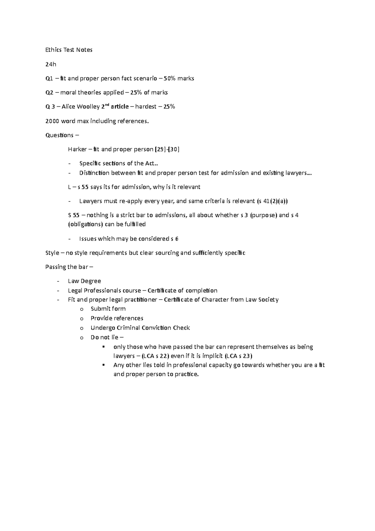 Ethics Test Notes - Ethics Test Notes 24h Q1 – fit and proper person ...