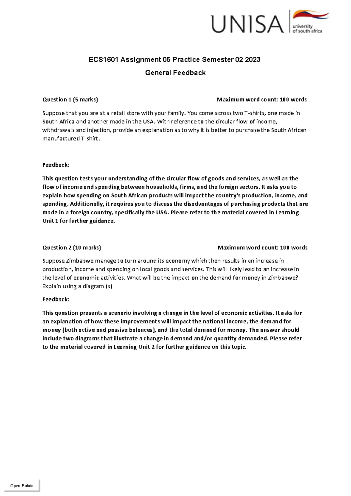 Practice Assessment 05 Feedback - ECS1601 Assignment 05 Practice Semester 02 2023 General ...
