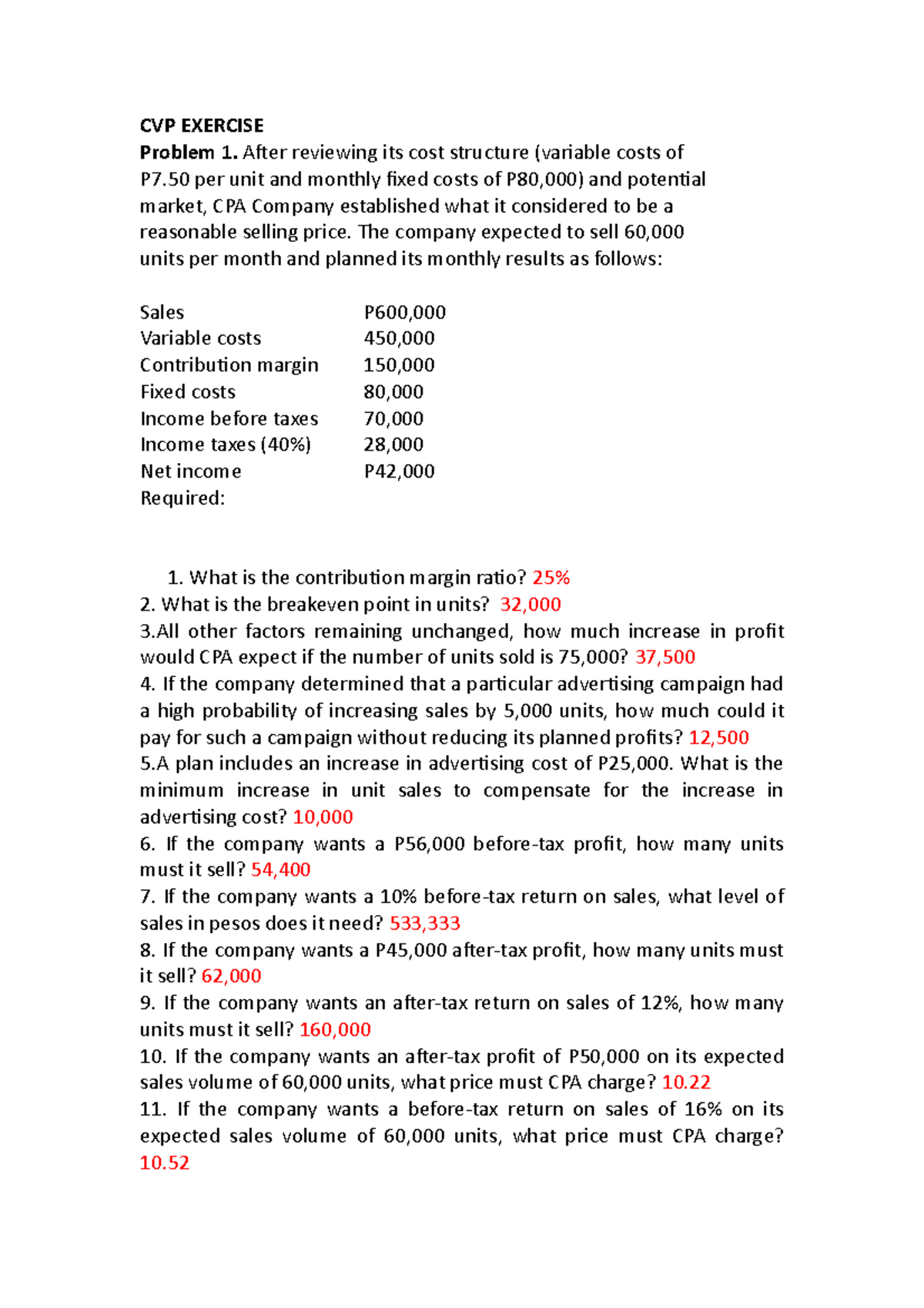 CVP- Exercise - CVP EXERCISE Problem 1. After reviewing its cost ...